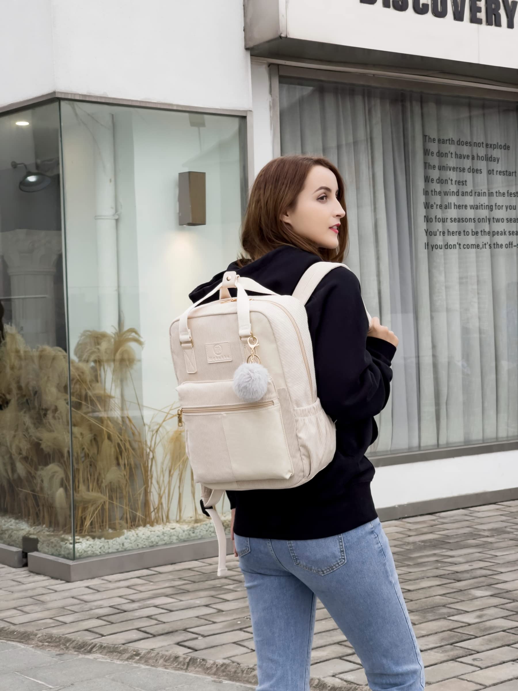 Makukke Corduroy School Backpacks for Women Men - Vintage School Bookbag Travel Laptop Backpack Casual Daypack for College (Beige)