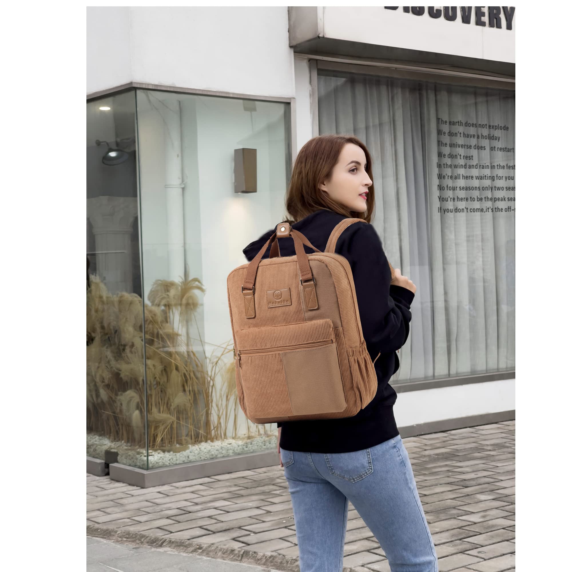 Makukke Corduroy School Backpacks for Women Men - Vintage School Bookbag Travel Laptop Backpack Casual Daypack for College (Beige)