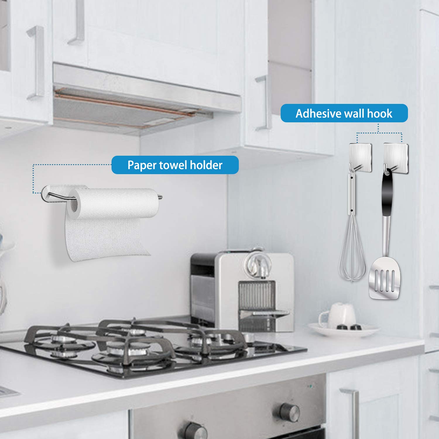Paper Towel Holder - Self Adhesive Paper Towel Rack Under Cabinet Mount SUS304 Stainless Steel for Kitchen Bathroom Large Roll Paper, 4 Piece (Matte Black)