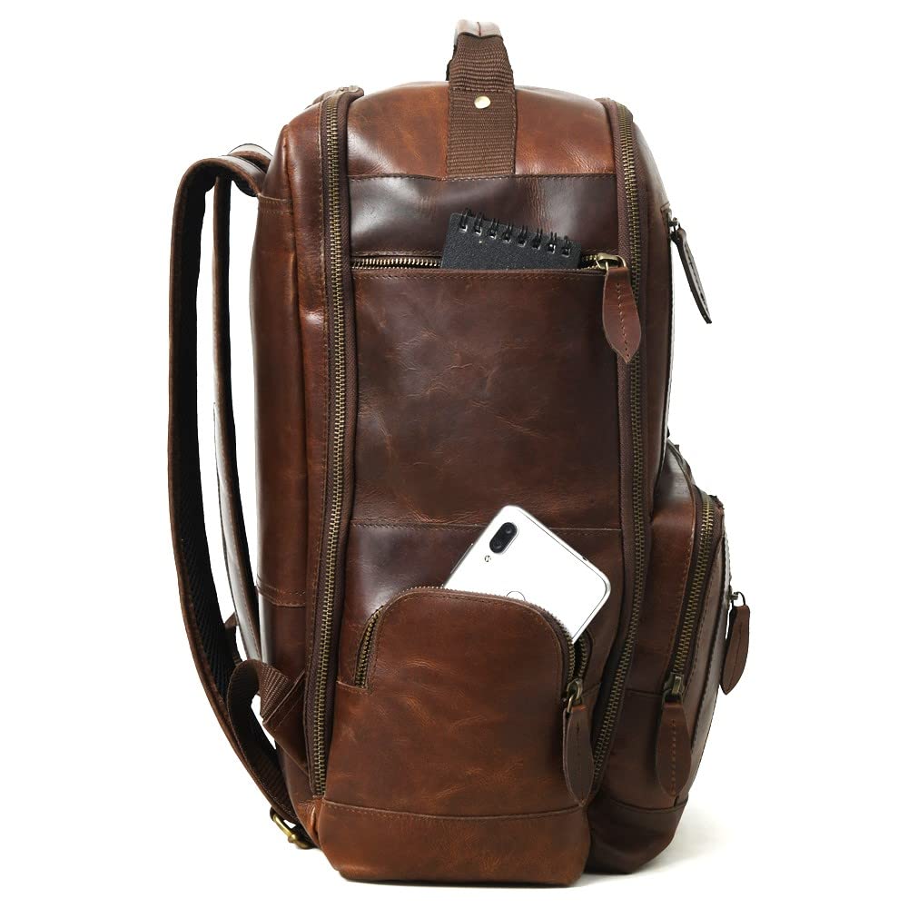 Gratlin Buffalo Leather Backpack for Men & Women | Multi Pockets Leather Laptop Backpack | Vintage Genuine Men's Brown Leather Backpacks Bookbag Rucksack Knapsack for Travel Trekking Camping Business