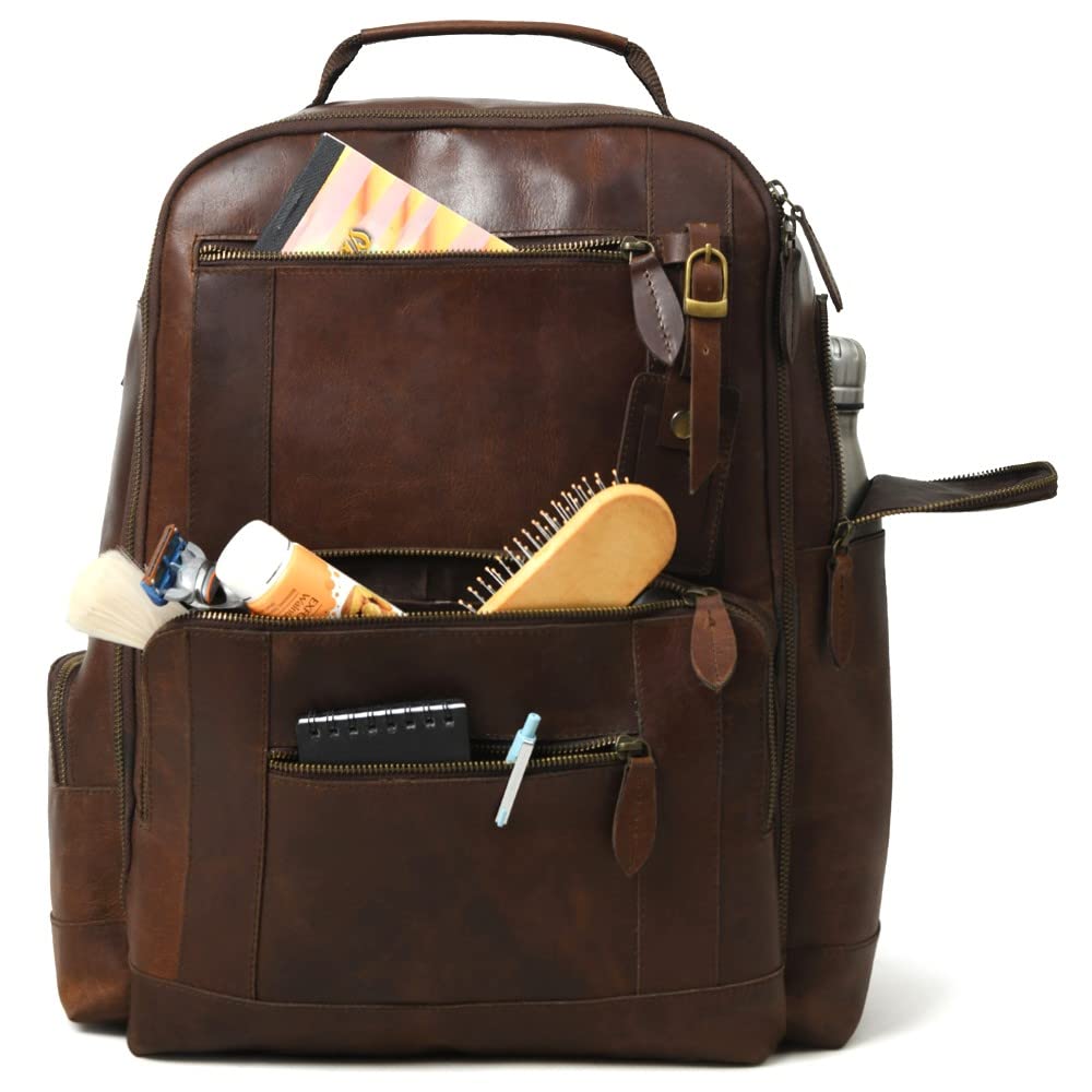 Gratlin Buffalo Leather Backpack for Men & Women | Multi Pockets Leather Laptop Backpack | Vintage Genuine Men's Brown Leather Backpacks Bookbag Rucksack Knapsack for Travel Trekking Camping Business