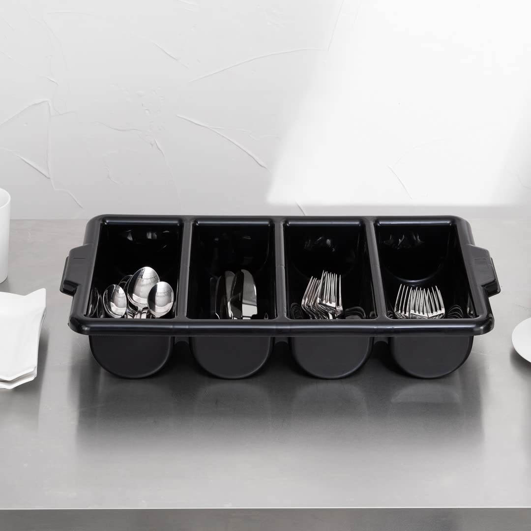 RW Clean 21.9 x 14.2 x 3.5 Inch Silverware Organizer, 1 Crack-Resistant Cutlery Tray - 4 Compartments, Built-In Handles, Black Plastic Utensils Drawer Holder, Wrap-Resistant, For Kitchen Organization