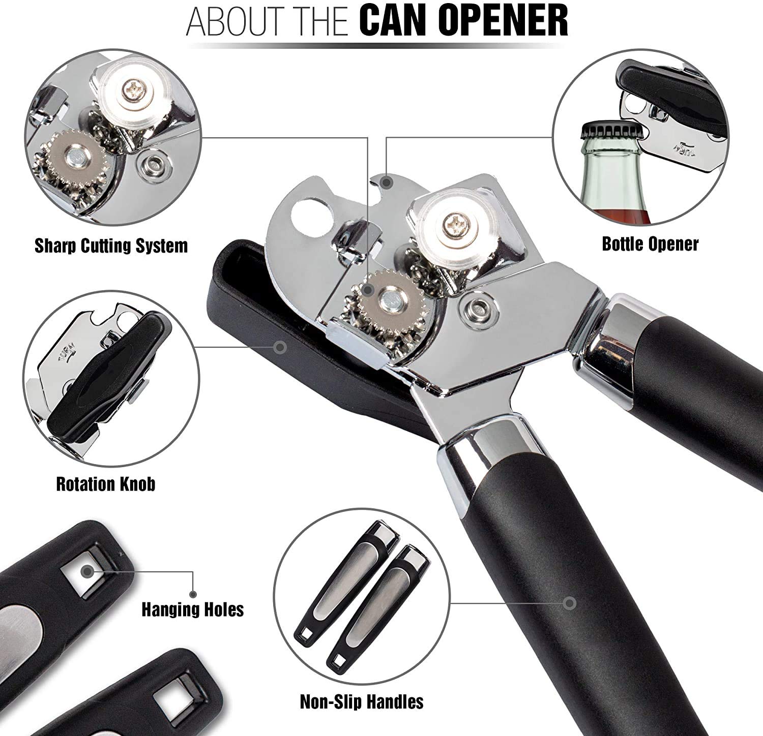 Can Opener Manual, Handheld Strong Heavy Duty Can Opener, Anti-slip Hand Grip, Stainless Steel Sharp Blade, Ergonomic and Easy to Use, with Large Turn Knob