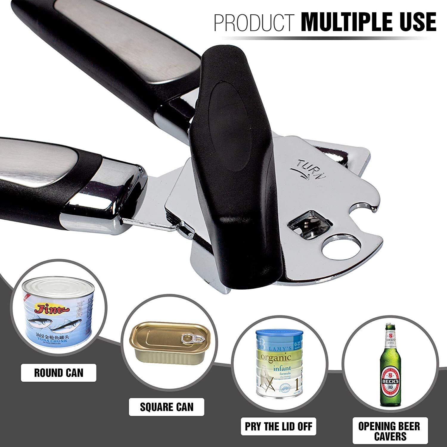 Can Opener Manual, Handheld Strong Heavy Duty Can Opener, Anti-slip Hand Grip, Stainless Steel Sharp Blade, Ergonomic and Easy to Use, with Large Turn Knob