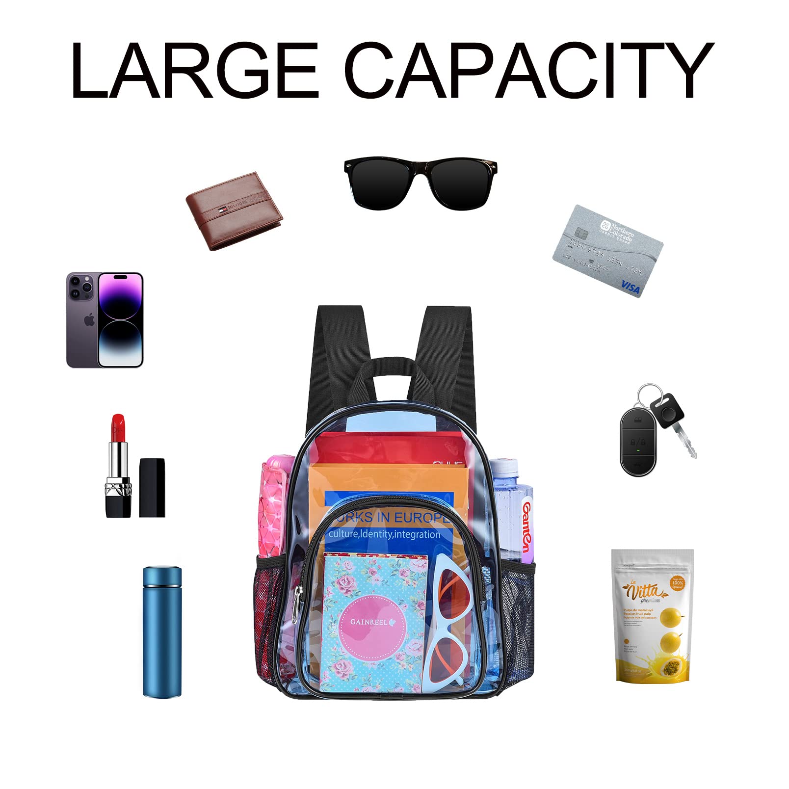 Slumou Mini Clear Backpack Stadium Approved for Women Men Heavy Duty See Through Transparent Pvc Backpacks for School Work Travel(Black)