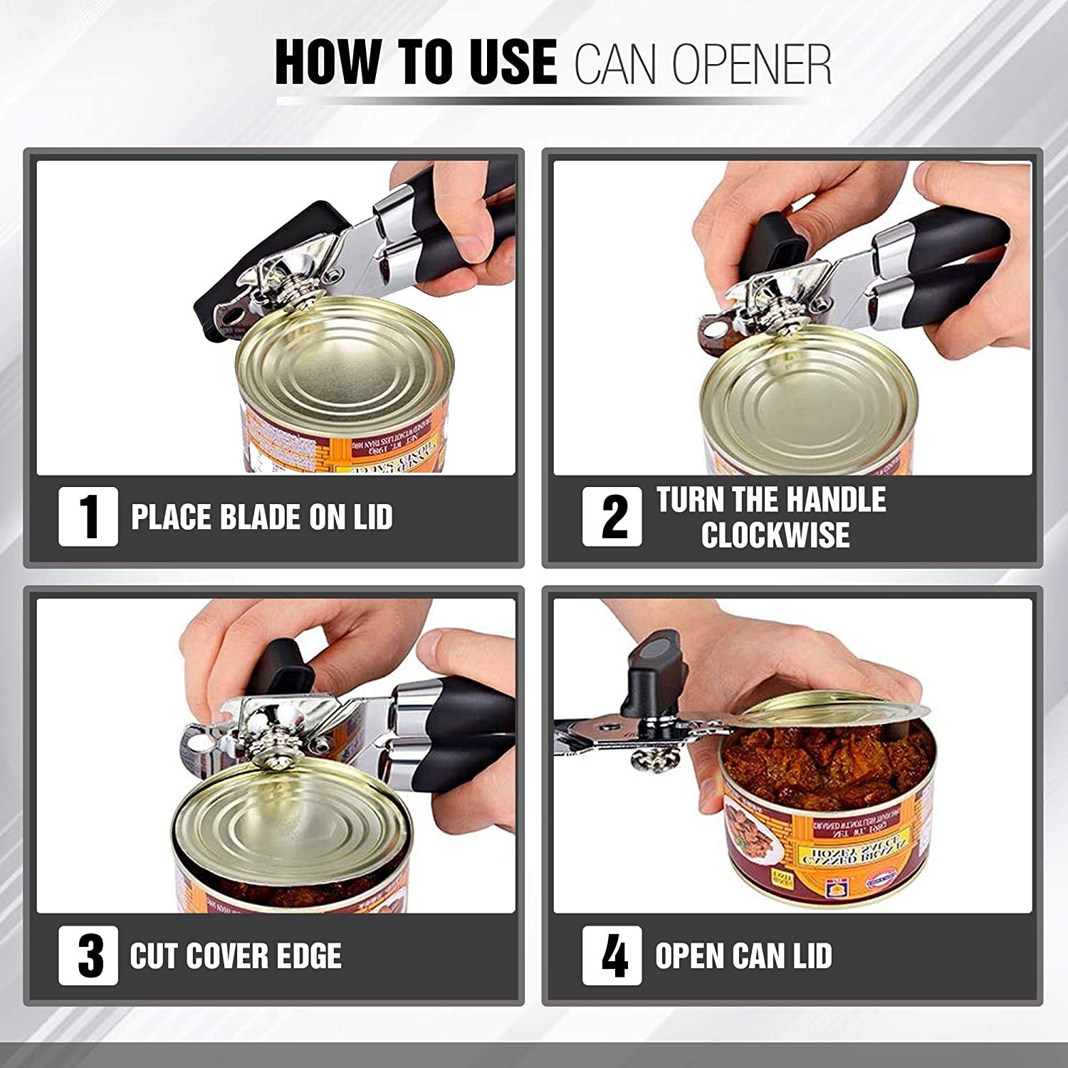 Can Opener Manual, Handheld Strong Heavy Duty Can Opener, Anti-slip Hand Grip, Stainless Steel Sharp Blade, Ergonomic and Easy to Use, with Large Turn Knob
