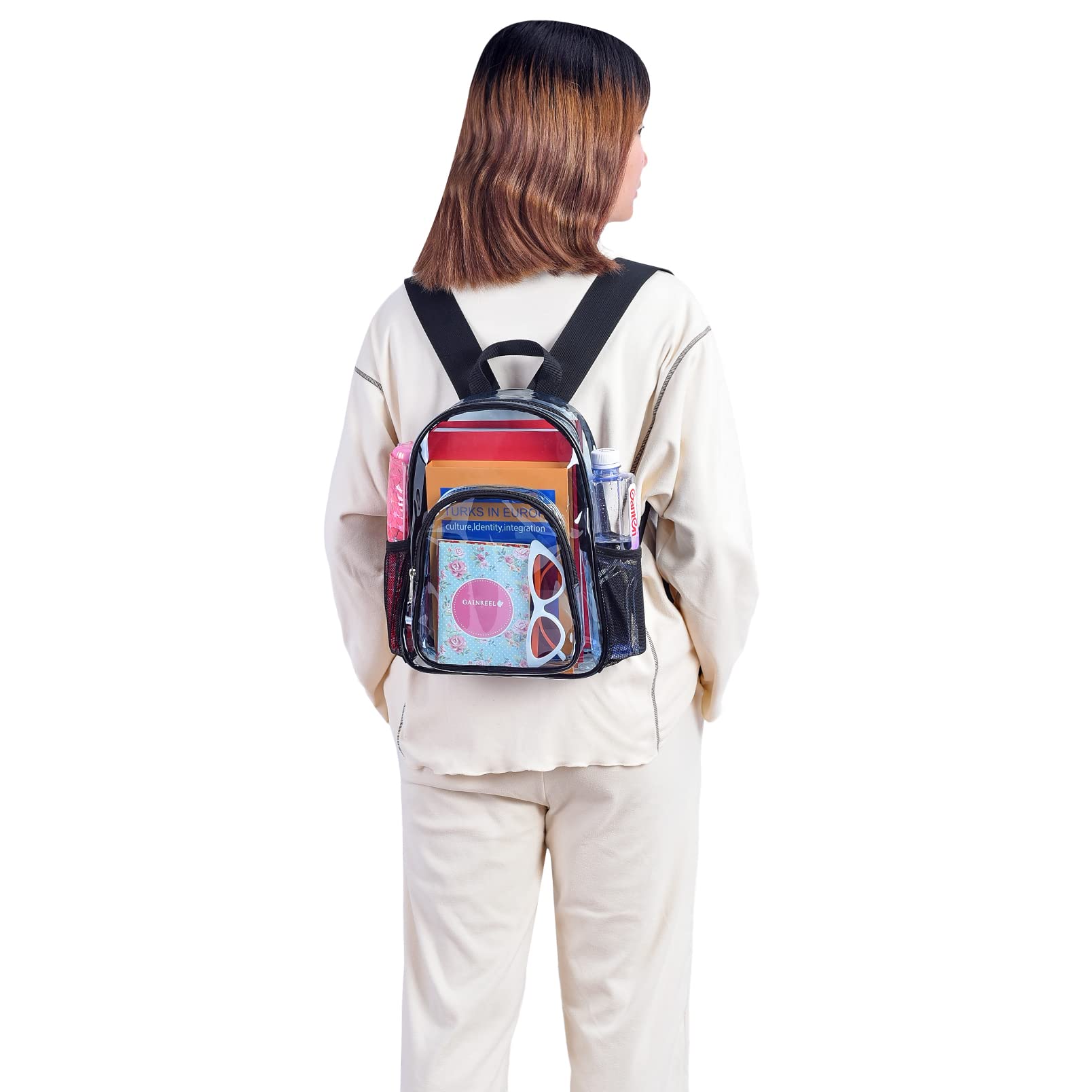 Slumou Mini Clear Backpack Stadium Approved for Women Men Heavy Duty See Through Transparent Pvc Backpacks for School Work Travel(Black)