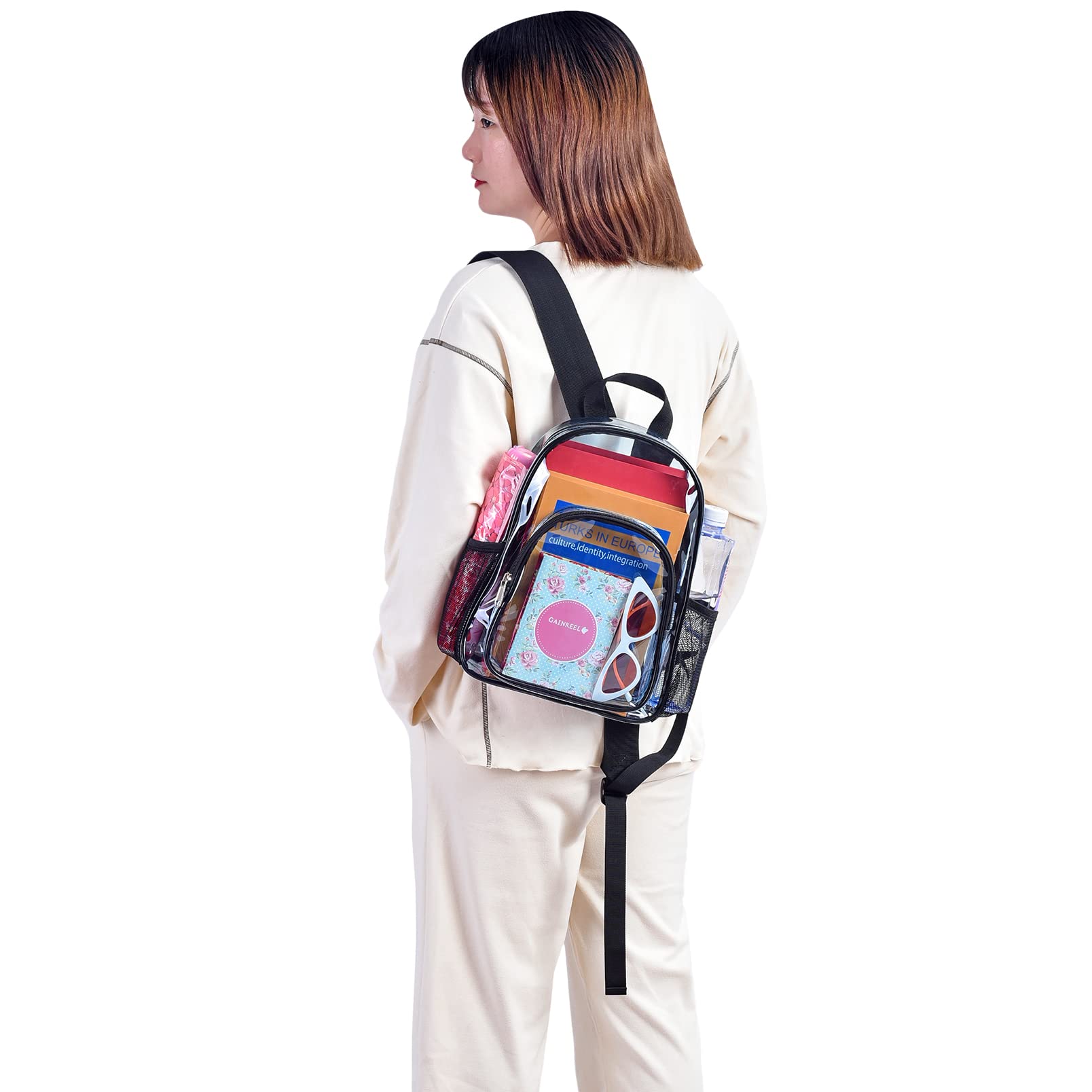Slumou Mini Clear Backpack Stadium Approved for Women Men Heavy Duty See Through Transparent Pvc Backpacks for School Work Travel(Black)
