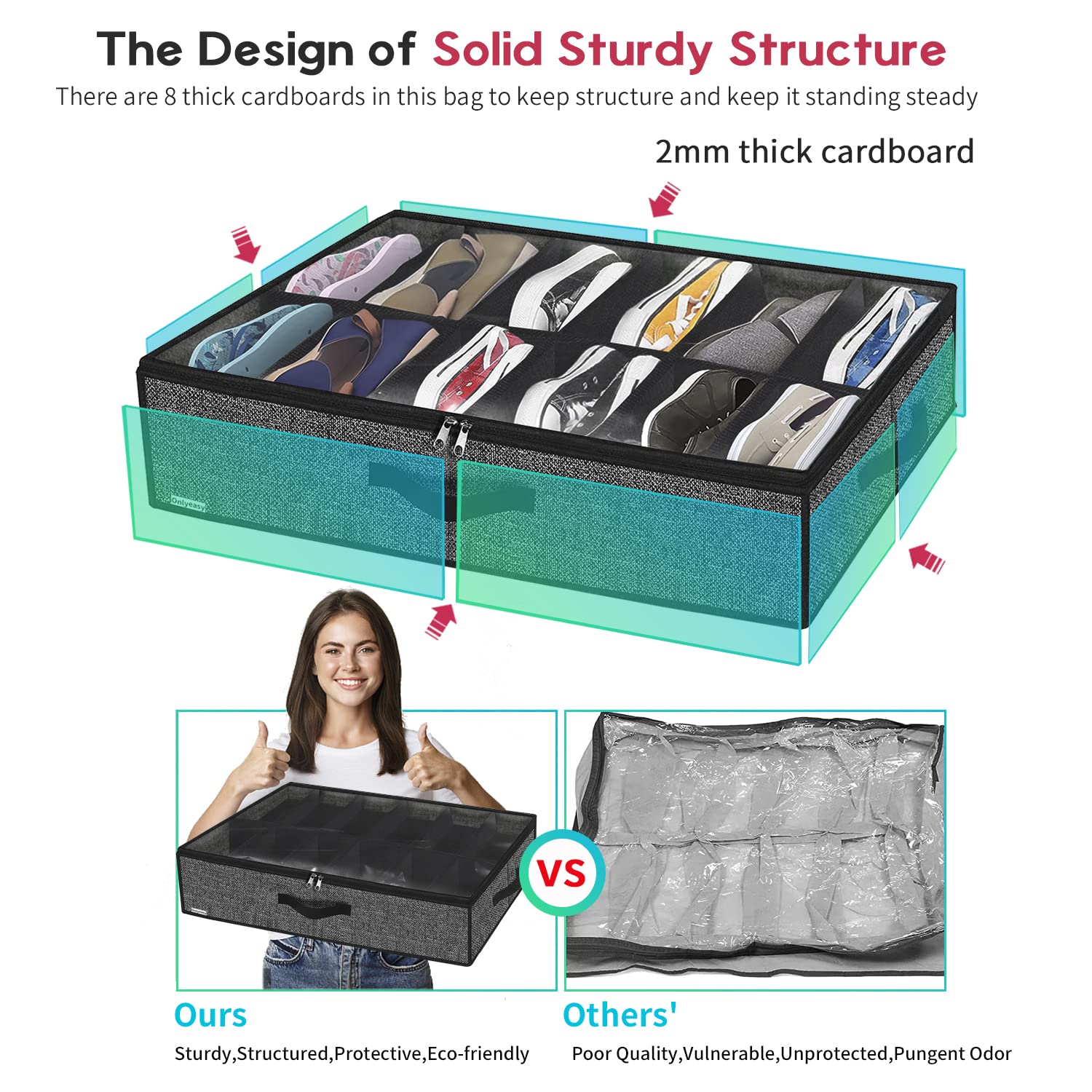 Onlyeasy Sturdy Under Bed Shoe Storage Organizer, Set of 2, Fits Total 24 Pairs, Underbed Shoes Closet Storage Solution with Clear Window, Breathable, 29.3"x23.6"x5.9", Linen-like Black, MXAUBSB2P