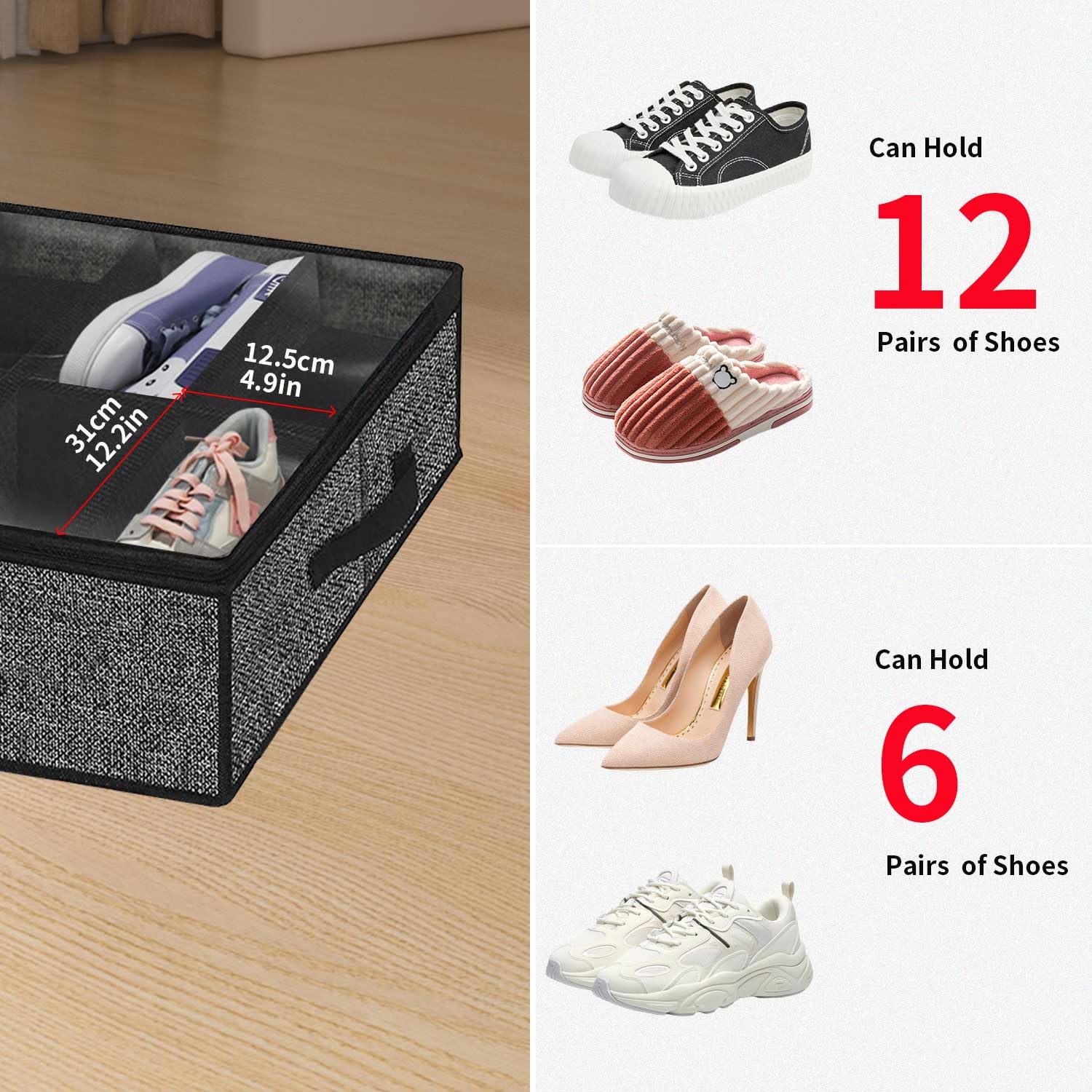 Onlyeasy Sturdy Under Bed Shoe Storage Organizer, Set of 2, Fits Total 24 Pairs, Underbed Shoes Closet Storage Solution with Clear Window, Breathable, 29.3"x23.6"x5.9", Linen-like Black, MXAUBSB2P