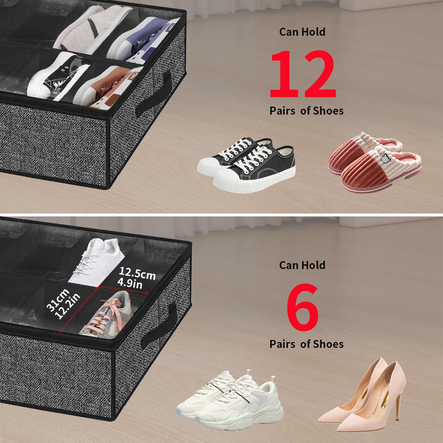 Onlyeasy Sturdy Under Bed Shoe Storage Organizer, Set of 2, Fits Total 24 Pairs, Underbed Shoes Closet Storage Solution with Clear Window, Breathable, 29.3"x23.6"x5.9", Linen-like Black, MXAUBSB2P