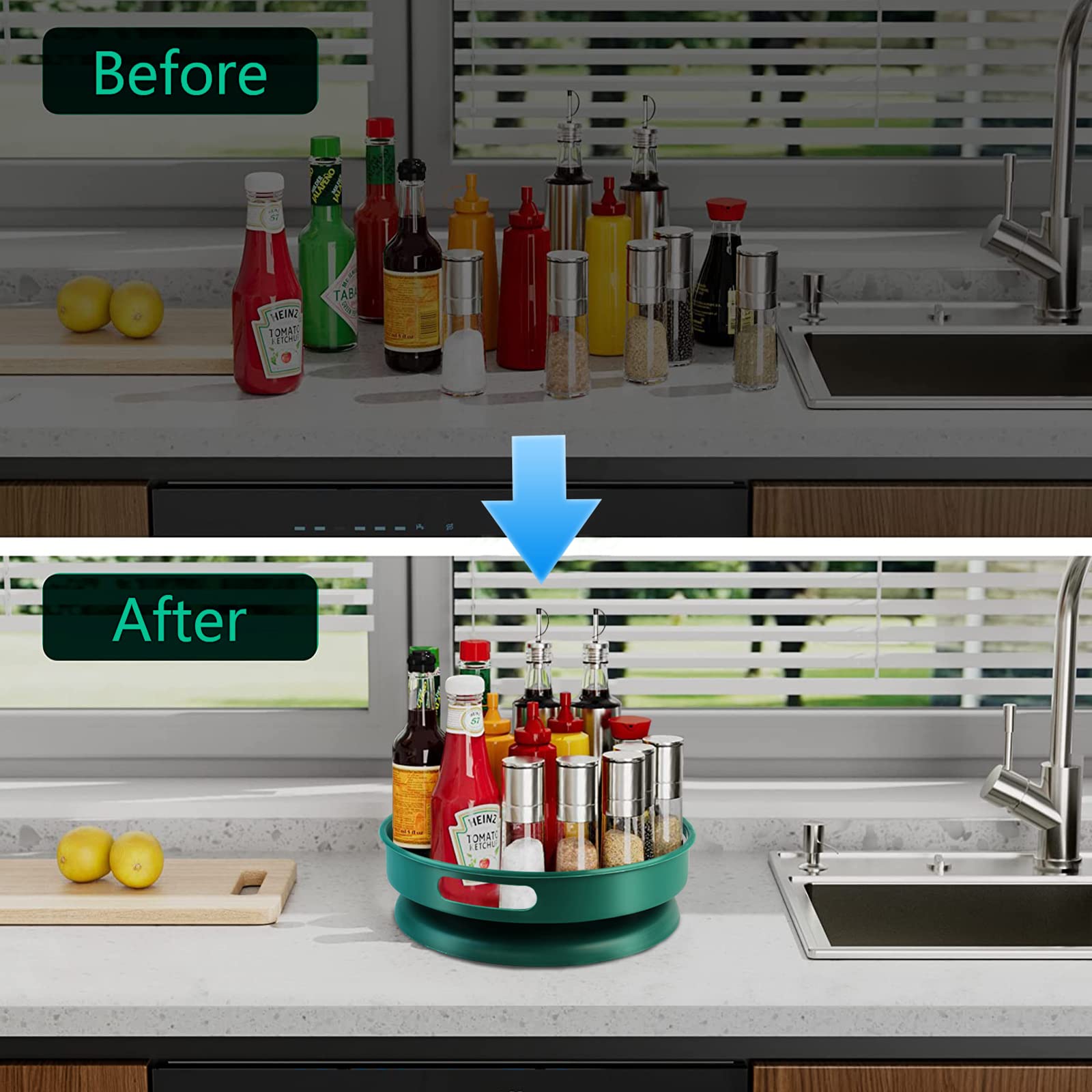YUENZILN Lazy Susans Organizer ,2 Tier Turntable, Adjustable Height, Rotary Table Top Seasoning Rack, Used for Bathroom, Kitchen, Tableware,Cabinet, Table Top Organization, (Green)