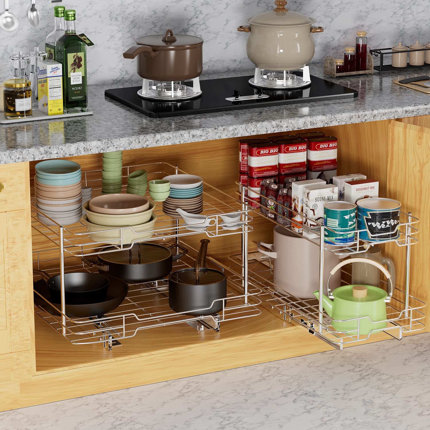Blemoacha Pull Out Cabinet Organizer 21" D x 11" W,2 Tier Under Sink Organizers and Storage,Bathroom Organization Undersink Drawers Slide Out, Kitchen Sink Chrome Shelf Sliding Cabinet Basket
