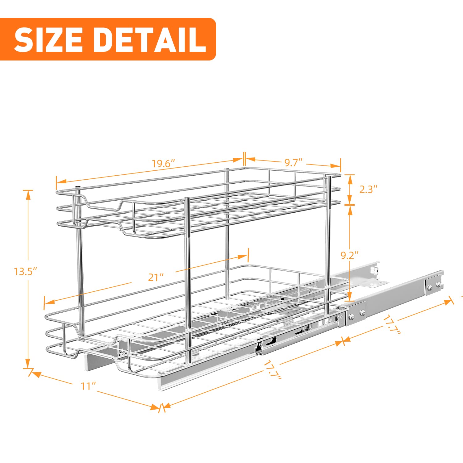 Blemoacha Pull Out Cabinet Organizer 21" D x 11" W,2 Tier Under Sink Organizers and Storage,Bathroom Organization Undersink Drawers Slide Out, Kitchen Sink Chrome Shelf Sliding Cabinet Basket