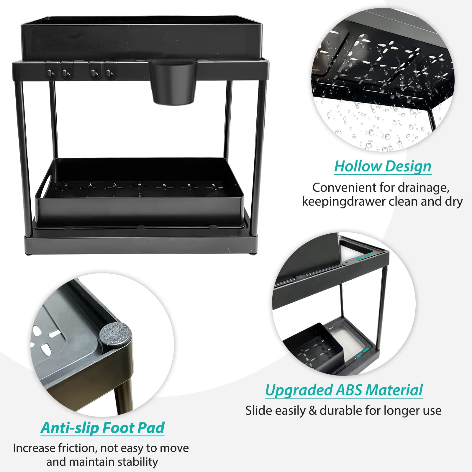 Under Sink Organizer, Double Pull-out Cabinet Organizer, 2-Tier Sliding Under Storage Drawer Shelf Basket with Hooks Hanging Cup for Kitchen Bathroom