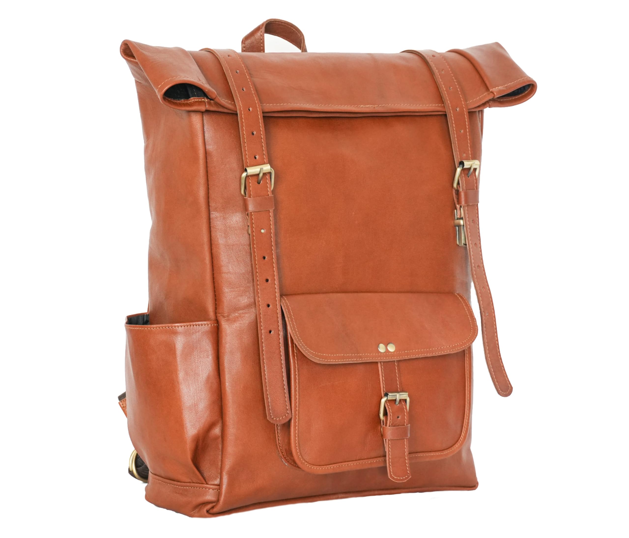 jaald 23" Brown Leather Backpack Vintage Rucksack Laptop Bag Water Resistant Roll Top College Bookbag Comfortable Lightweight Travel Hiking/picnic For Men
