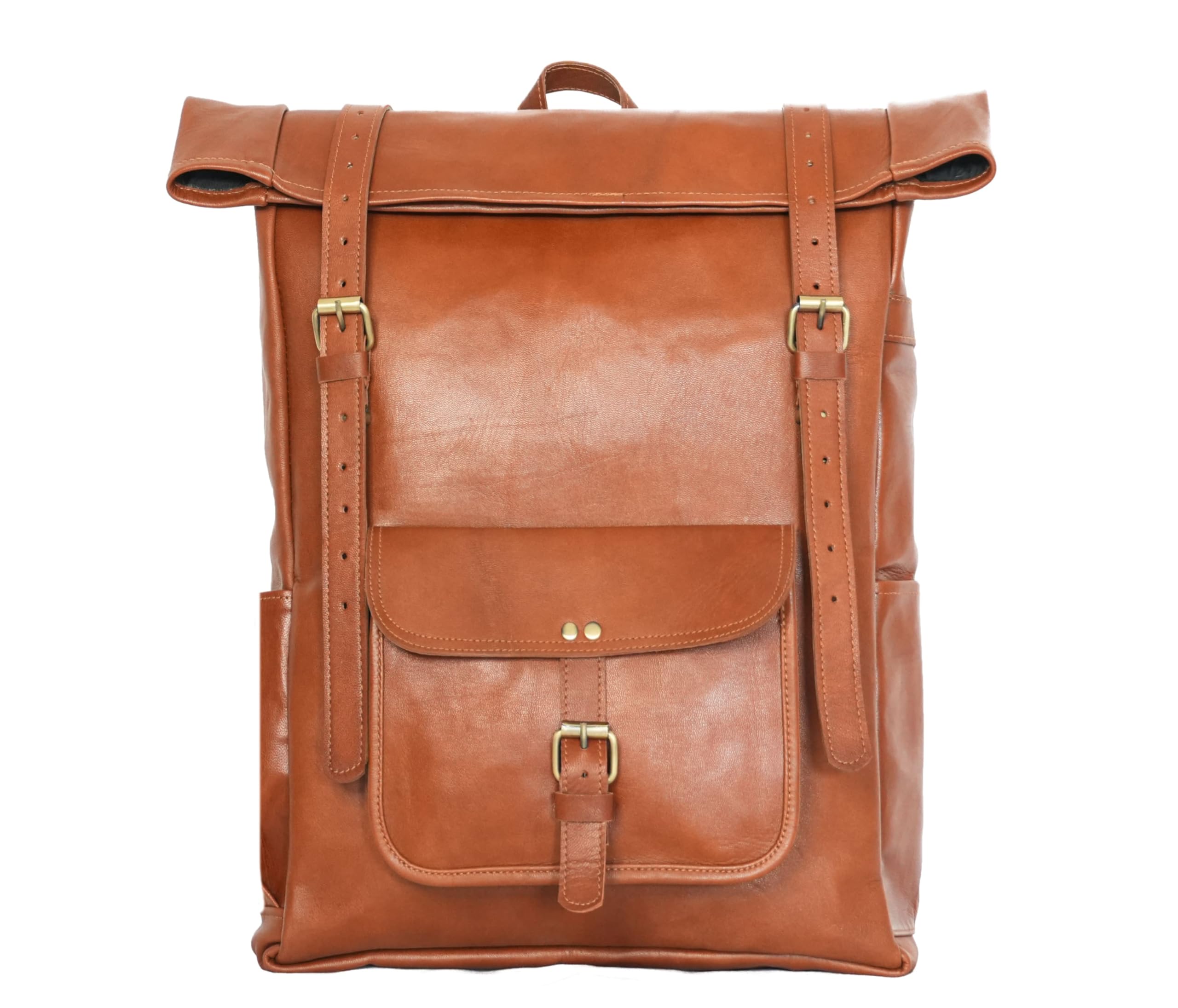 jaald 23" Brown Leather Backpack Vintage Rucksack Laptop Bag Water Resistant Roll Top College Bookbag Comfortable Lightweight Travel Hiking/picnic For Men