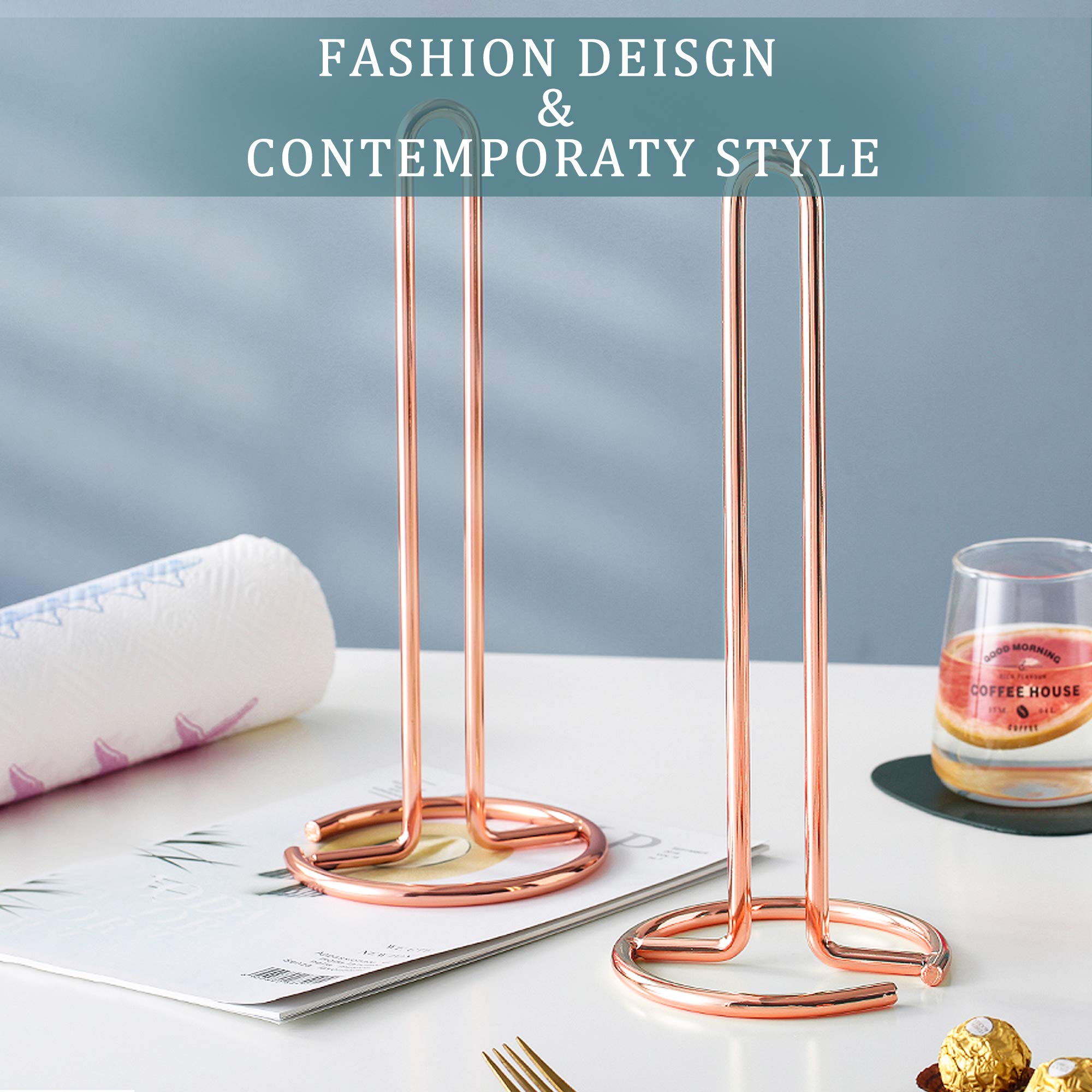 Paper Towel Holder Akamino Standing Paper Towel Roll Rack with Weighted Base for Kitchen Countertop Dining Room Table, Rose Gold