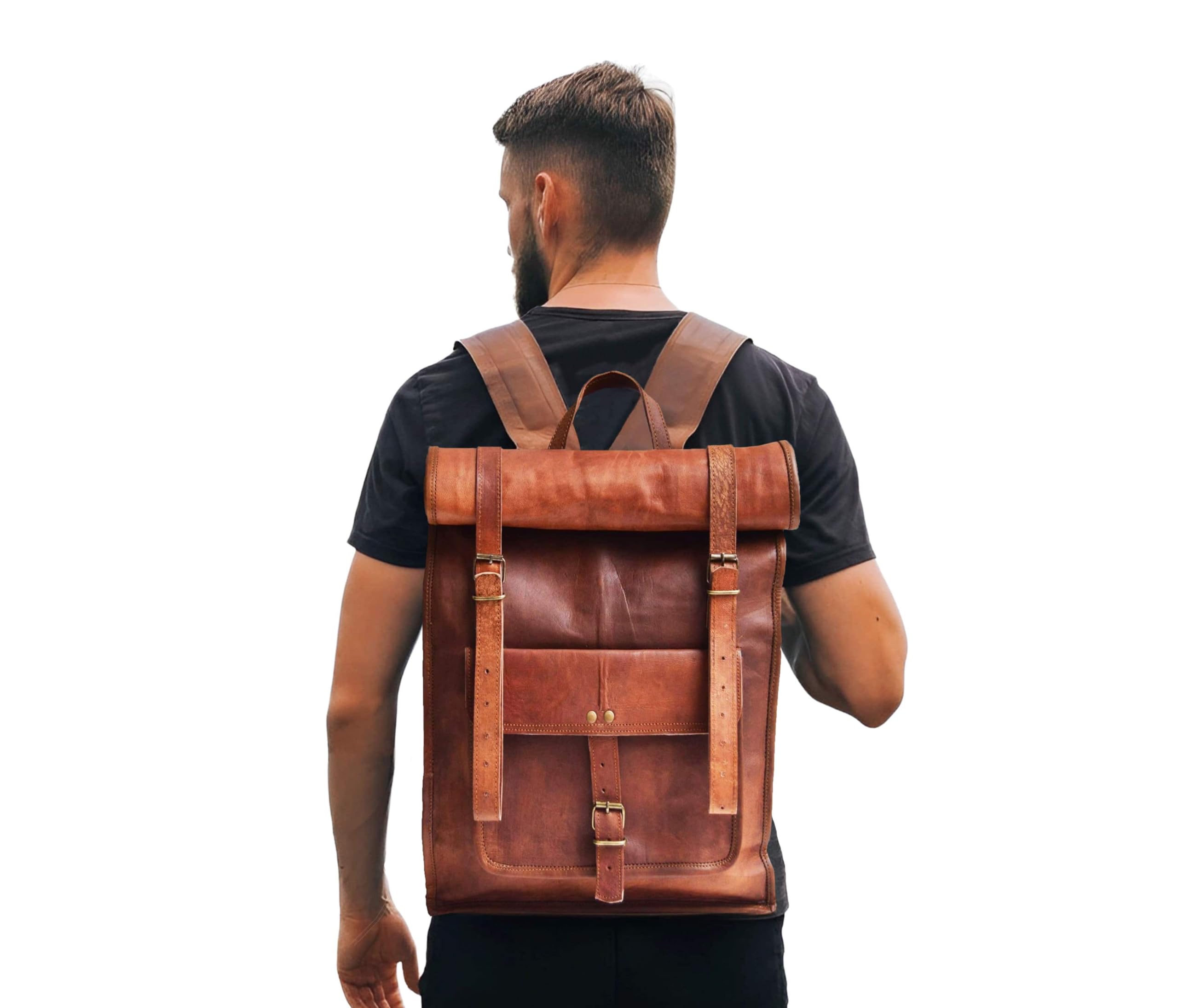 jaald 23" Brown Leather Backpack Vintage Rucksack Laptop Bag Water Resistant Roll Top College Bookbag Comfortable Lightweight Travel Hiking/picnic For Men