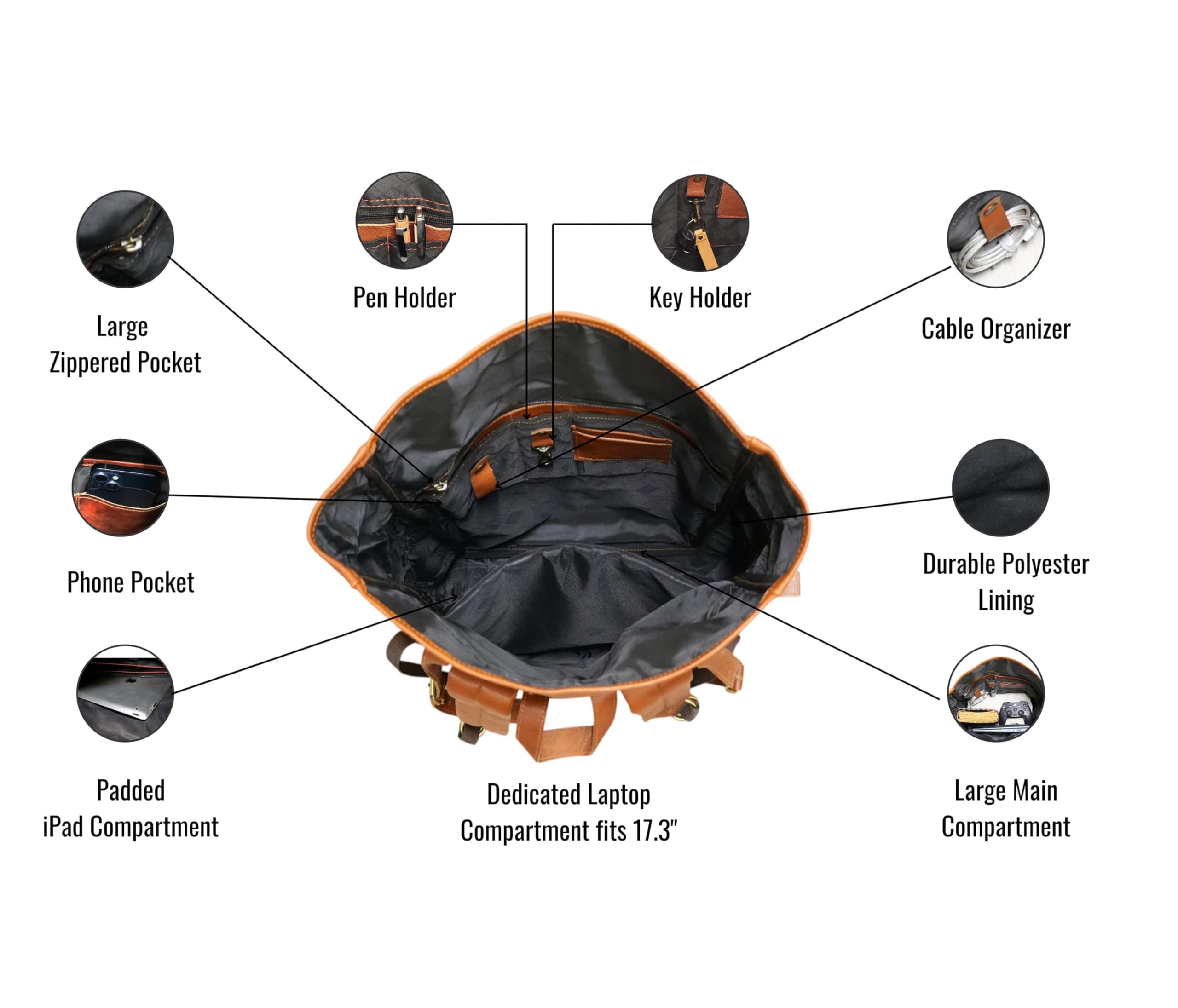 jaald 23" Brown Leather Backpack Vintage Rucksack Laptop Bag Water Resistant Roll Top College Bookbag Comfortable Lightweight Travel Hiking/picnic For Men