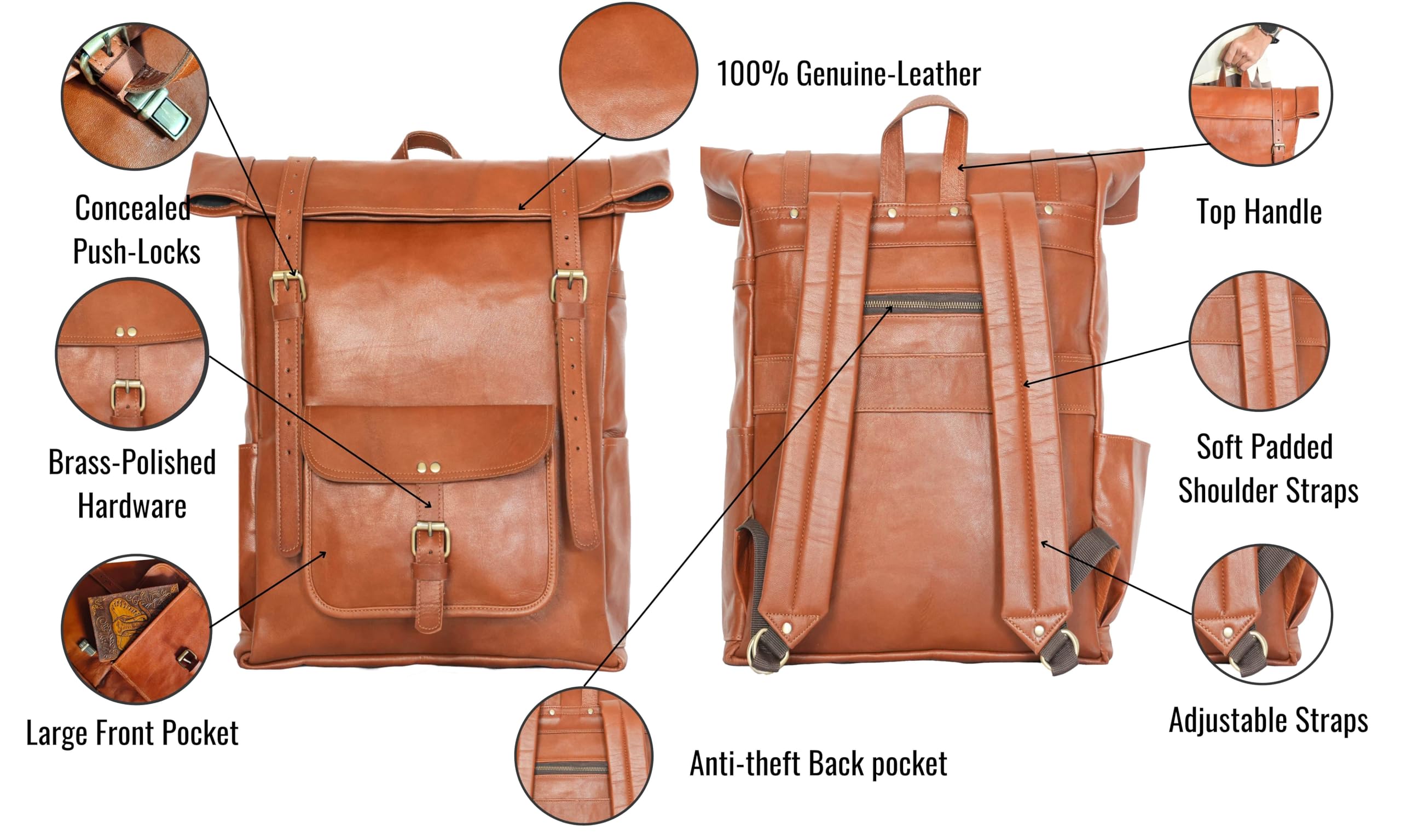 jaald 23" Brown Leather Backpack Vintage Rucksack Laptop Bag Water Resistant Roll Top College Bookbag Comfortable Lightweight Travel Hiking/picnic For Men