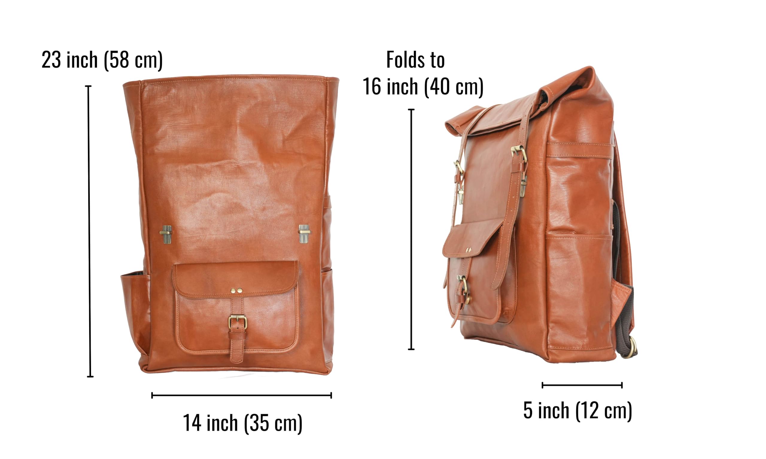 jaald 23" Brown Leather Backpack Vintage Rucksack Laptop Bag Water Resistant Roll Top College Bookbag Comfortable Lightweight Travel Hiking/picnic For Men