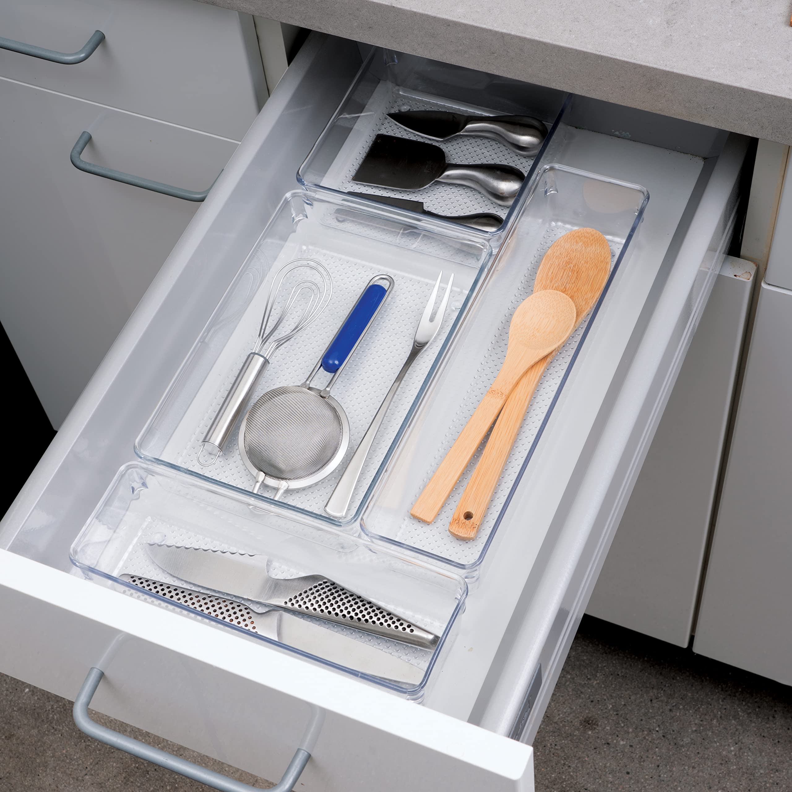 Oggi Clear Drawer Organizer - 6" X 15" (Set of 6) - Ideal for Organizing Kitchen Drawers, Office, Desk, Silverware, Kitchen Utensils, Cosmetics and Bathrooms