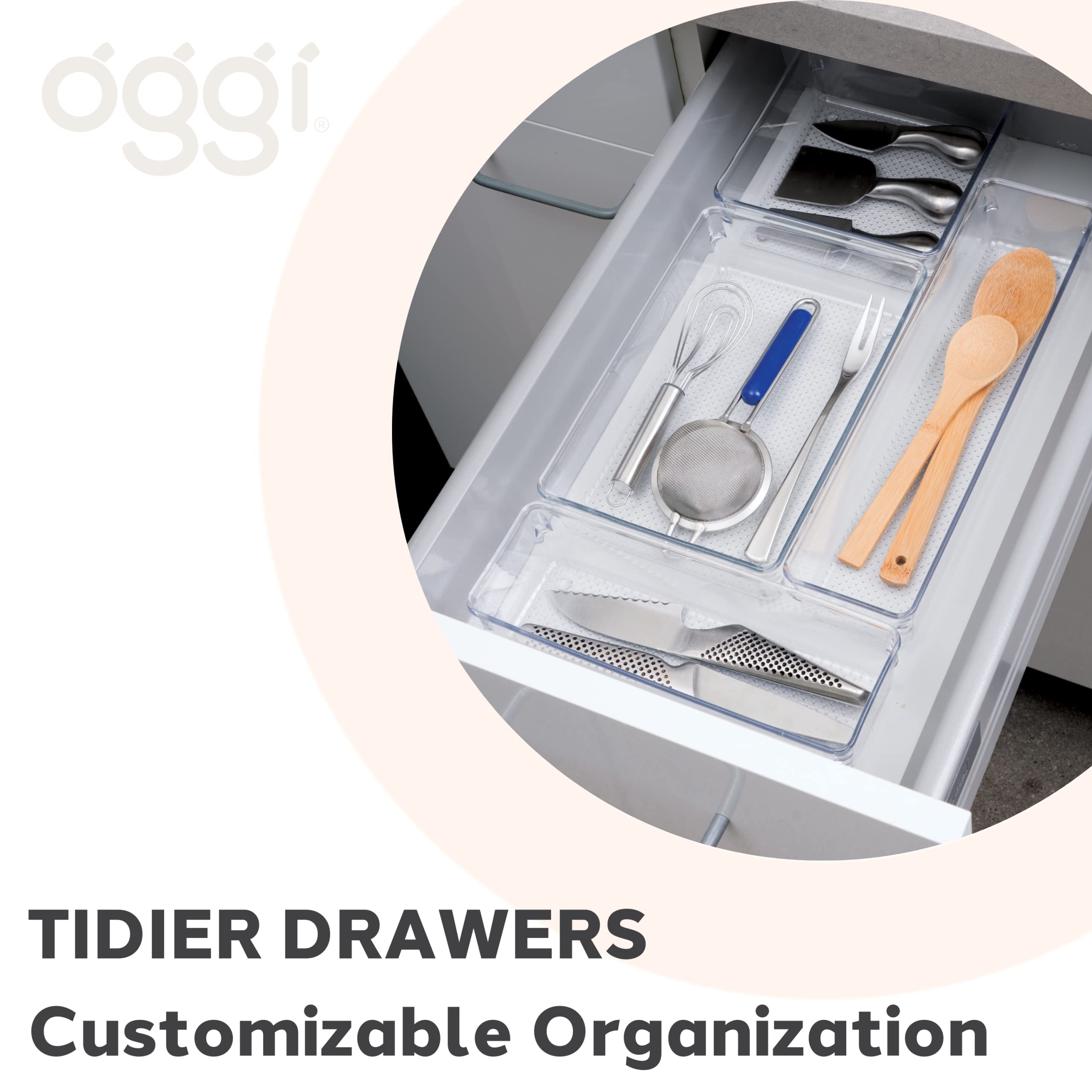 Oggi Clear Drawer Organizer - 6" X 15" (Set of 6) - Ideal for Organizing Kitchen Drawers, Office, Desk, Silverware, Kitchen Utensils, Cosmetics and Bathrooms