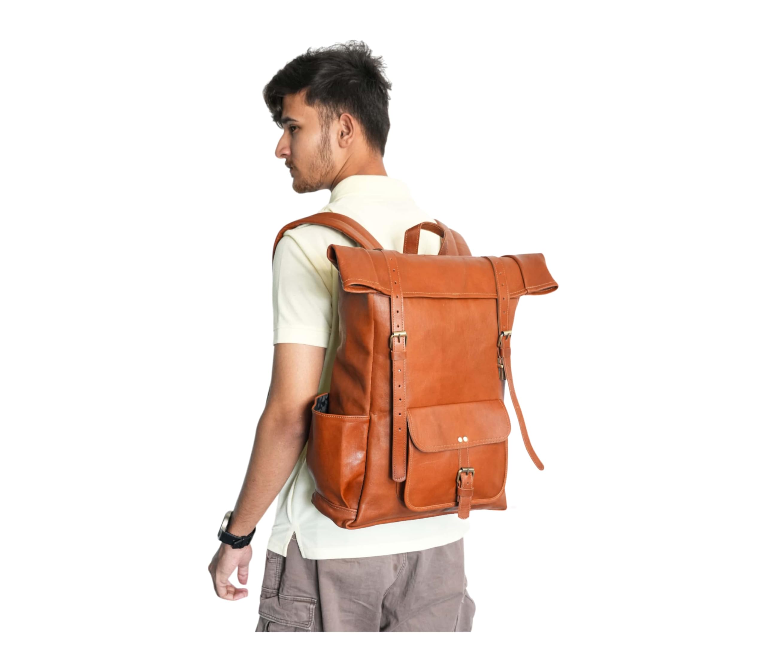 jaald 23" Brown Leather Backpack Vintage Rucksack Laptop Bag Water Resistant Roll Top College Bookbag Comfortable Lightweight Travel Hiking/picnic For Men