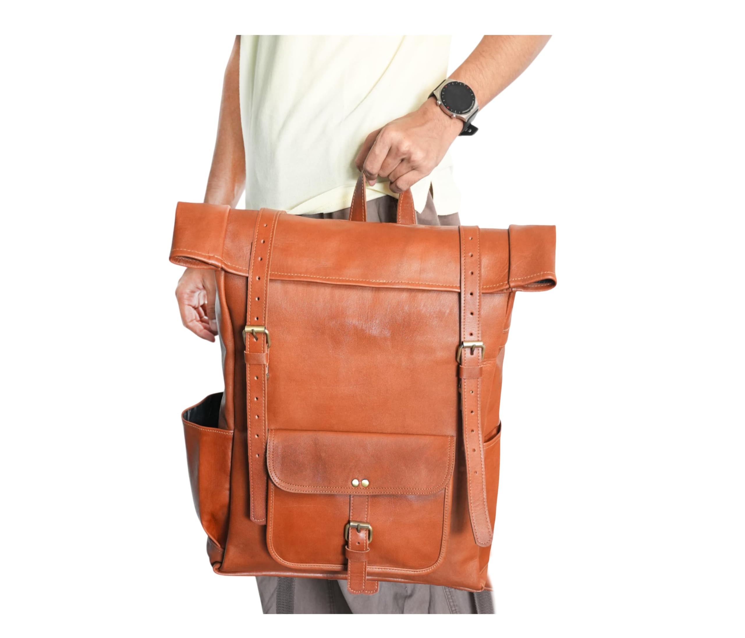 jaald 23" Brown Leather Backpack Vintage Rucksack Laptop Bag Water Resistant Roll Top College Bookbag Comfortable Lightweight Travel Hiking/picnic For Men