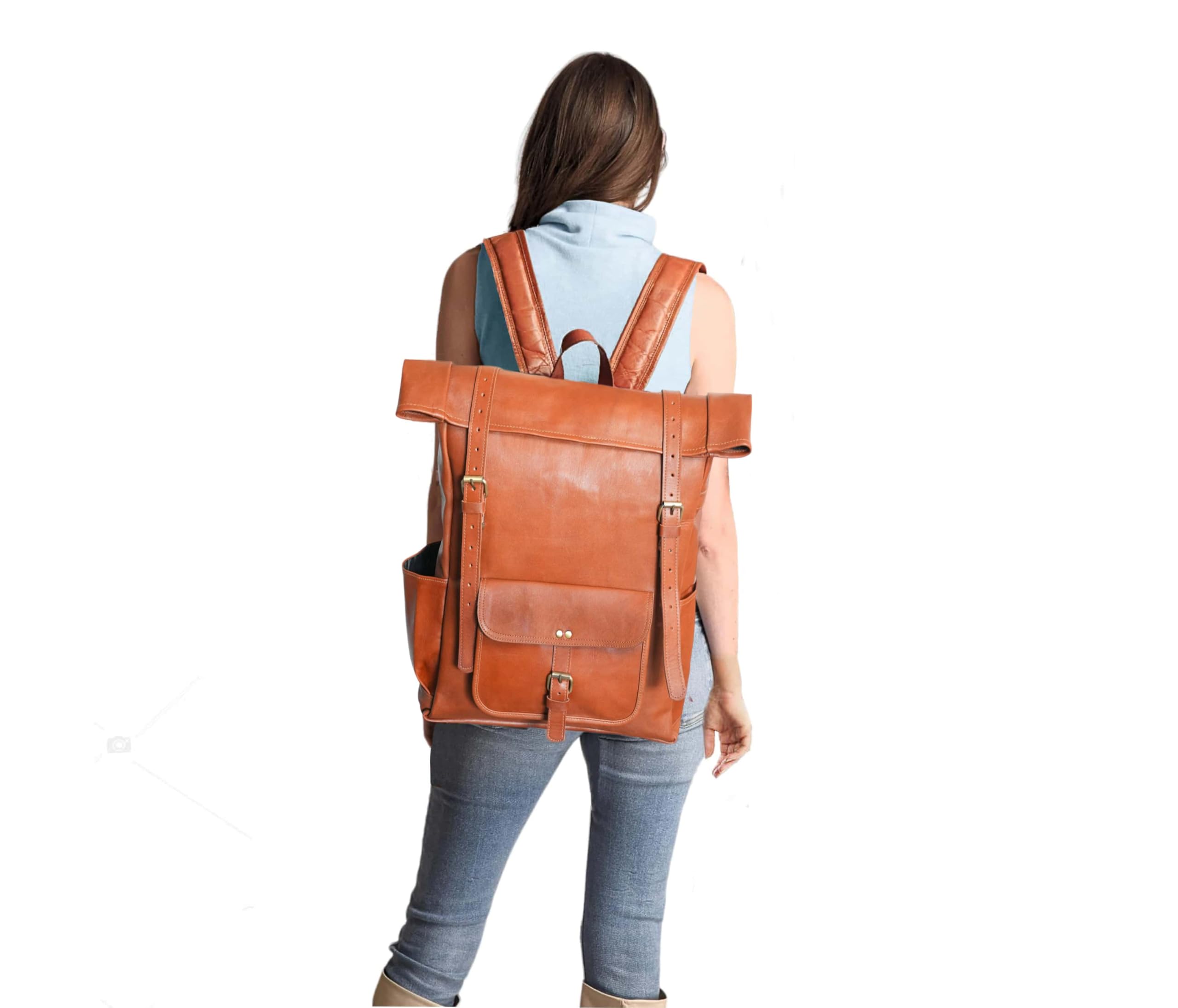 jaald 23" Brown Leather Backpack Vintage Rucksack Laptop Bag Water Resistant Roll Top College Bookbag Comfortable Lightweight Travel Hiking/picnic For Men