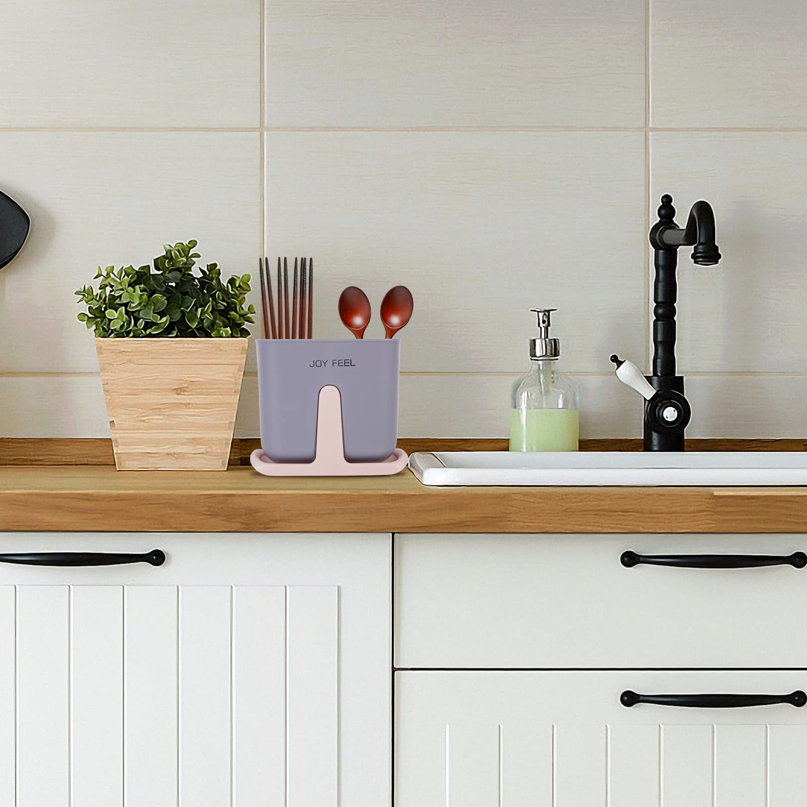 Hemoton Kitchen Utensil Holder Detachable Cutlery Drainer Sink Caddy Chopsticks Holder Spoons Fork Drain Rack Basket Organizer for Home Kitchen Countertop Purple Pink