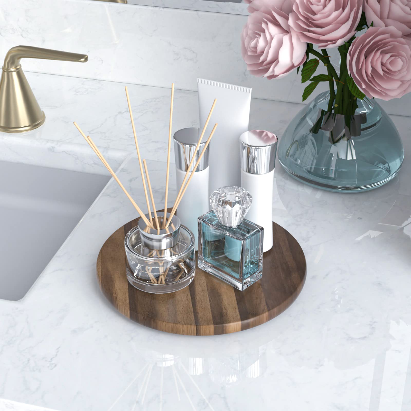 Lazy Susan Turntable for Cabinet - 9.85" Acacia Wood Lazy Susan Organizer for Kitchen Countertop Pantry Coffee Table, Vanity Tray for Perfume Dresser Tops Bathroom Counter Home Decoration