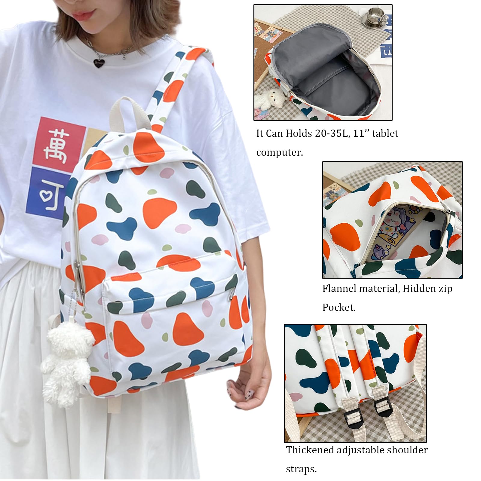 Cow Print Backpack for School, 6Pcs Set Student Preppy Kawaii Mini Backpack Shoulder Bag Pencil Box with Pin and Accessories (White)