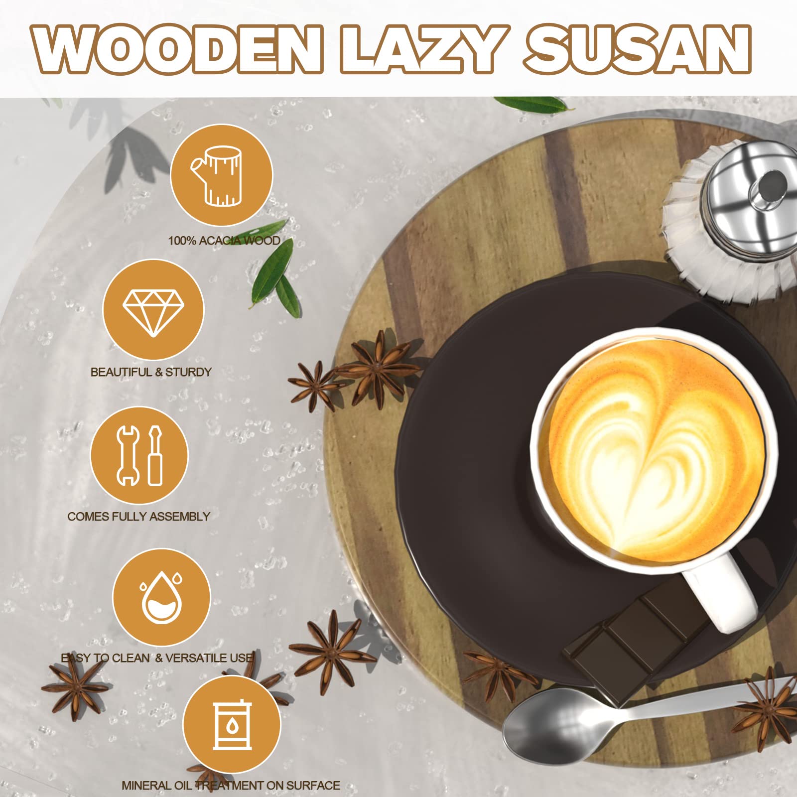 Lazy Susan Turntable for Cabinet - 9.85" Acacia Wood Lazy Susan Organizer for Kitchen Countertop Pantry Coffee Table, Vanity Tray for Perfume Dresser Tops Bathroom Counter Home Decoration
