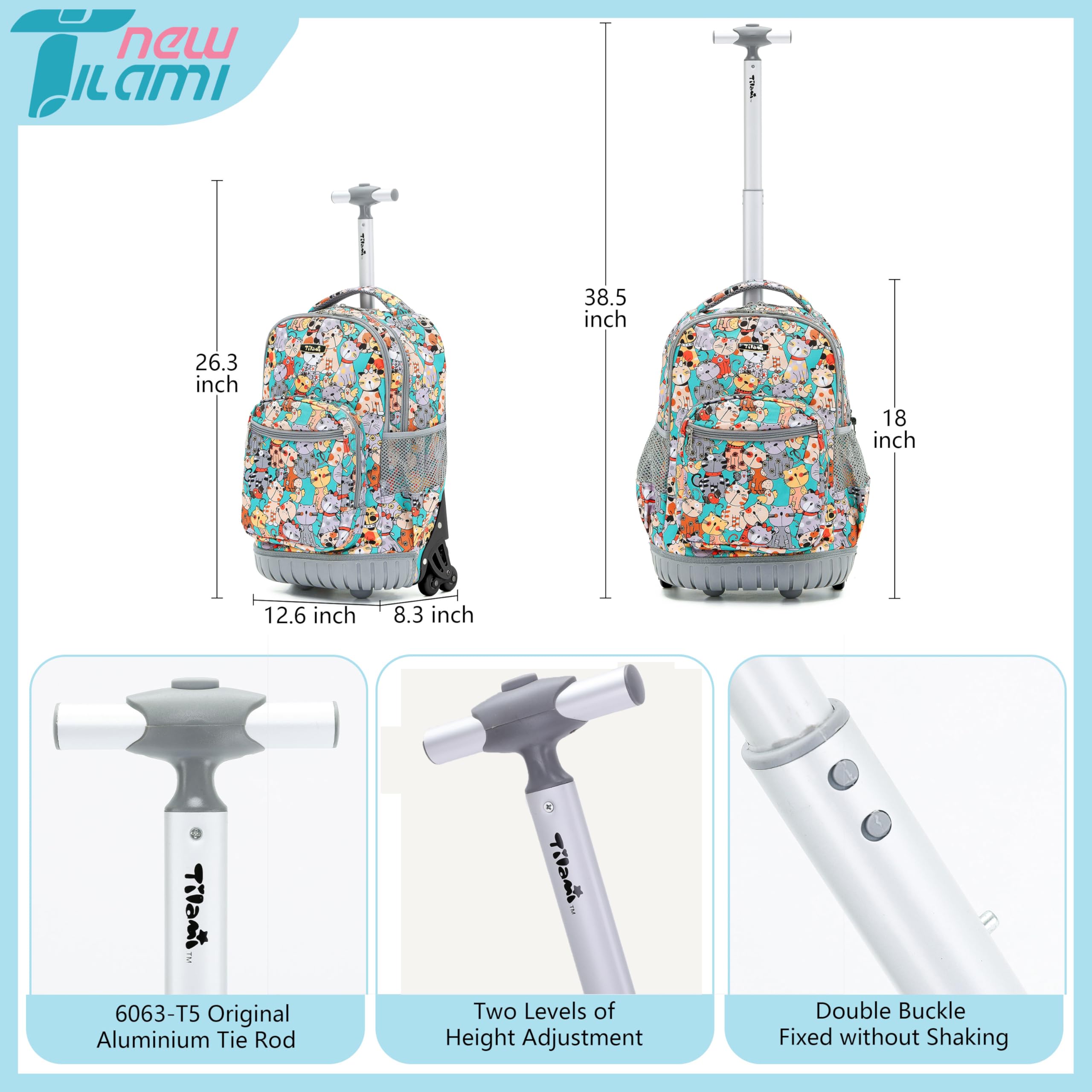 NEW TILAMI Rolling Backpack with Wheels for Boys School Adjustable Laptop Backpack with Wheels for Girls to School Travel Camping Boys Rolling Backpack Cute Cats 18 Inches