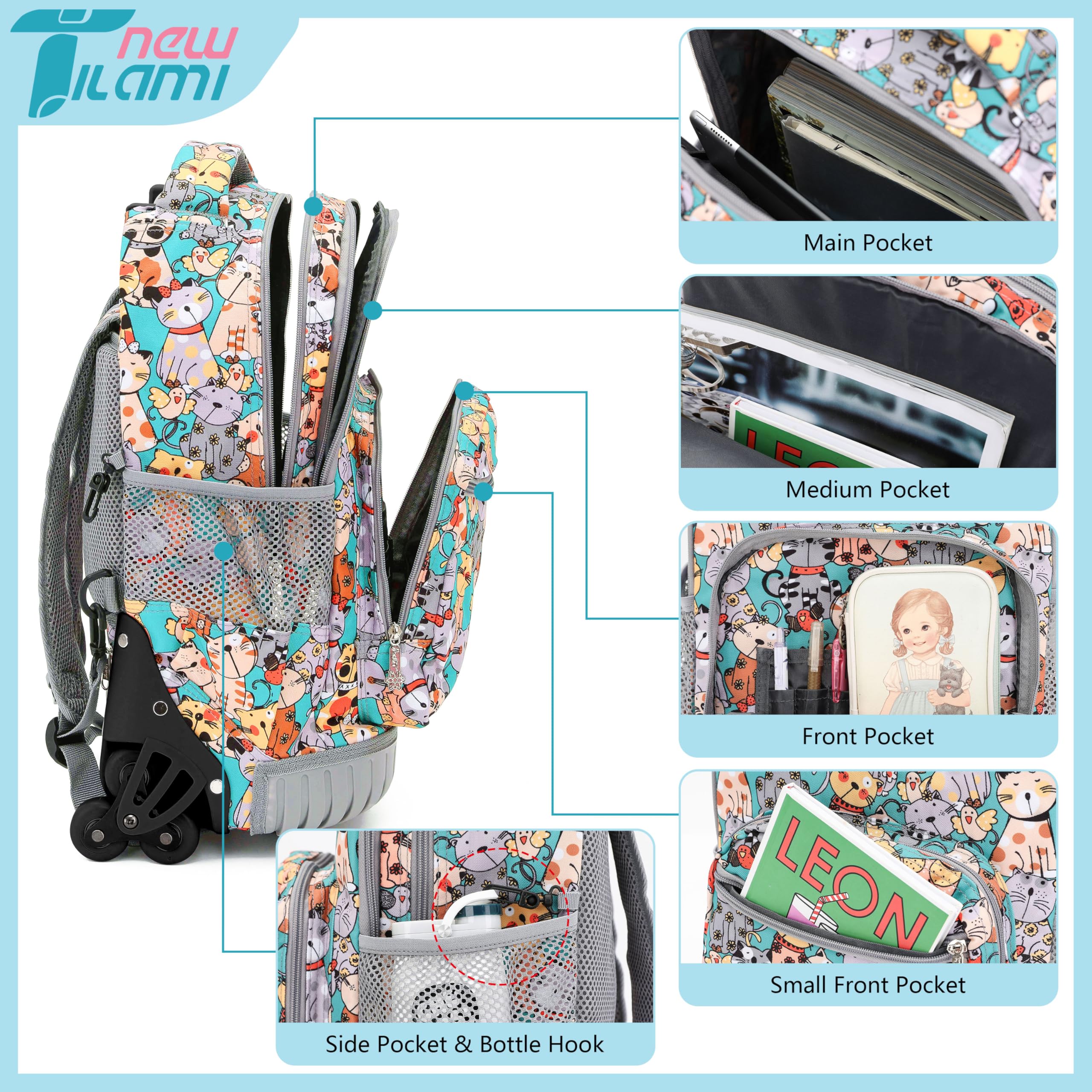 NEW TILAMI Rolling Backpack with Wheels for Boys School Adjustable Laptop Backpack with Wheels for Girls to School Travel Camping Boys Rolling Backpack Cute Cats 18 Inches