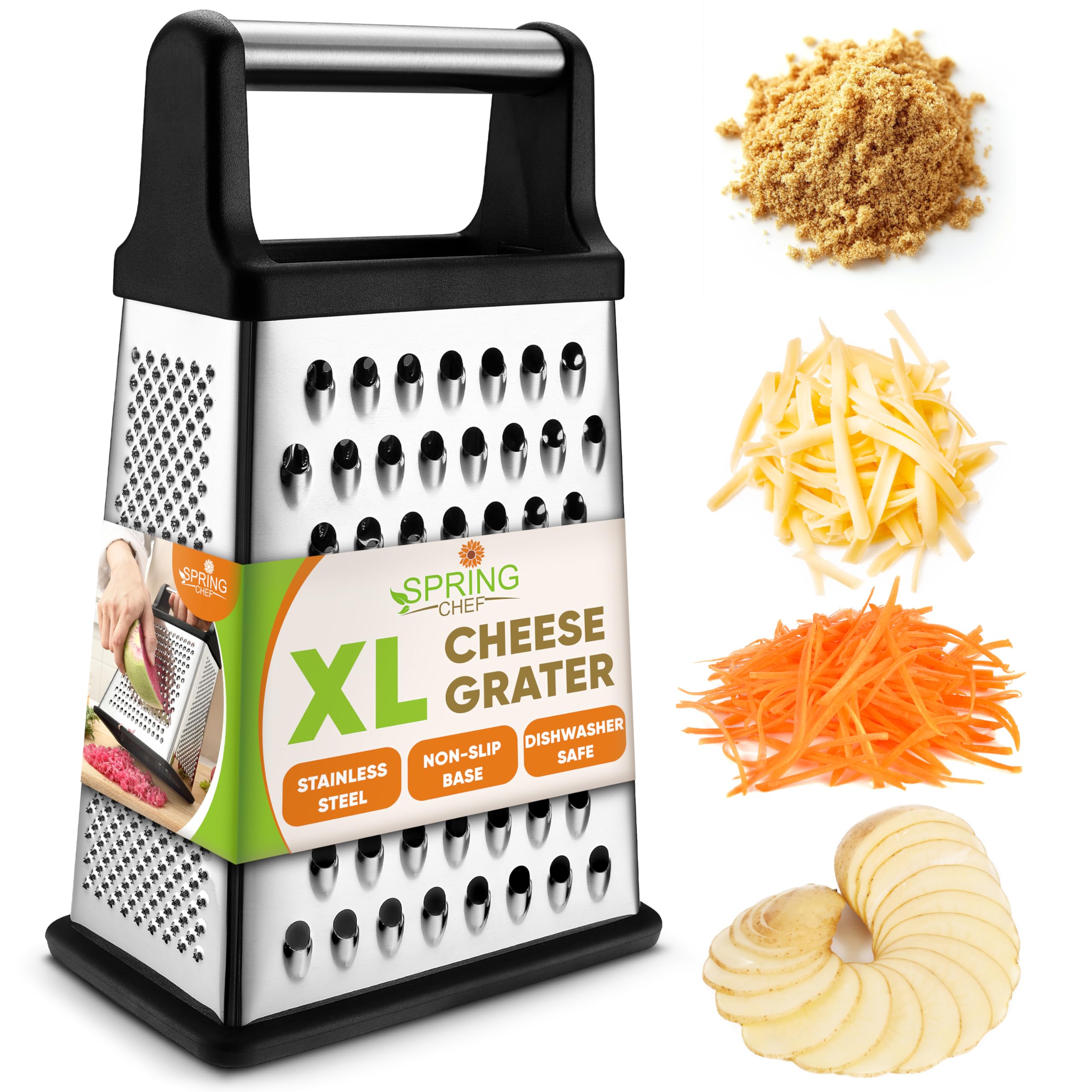 Professional Box Grater, Stainless Steel with 4 Sides, Best for Parmesan Cheese, Vegetables, Ginger, XL Size, Black