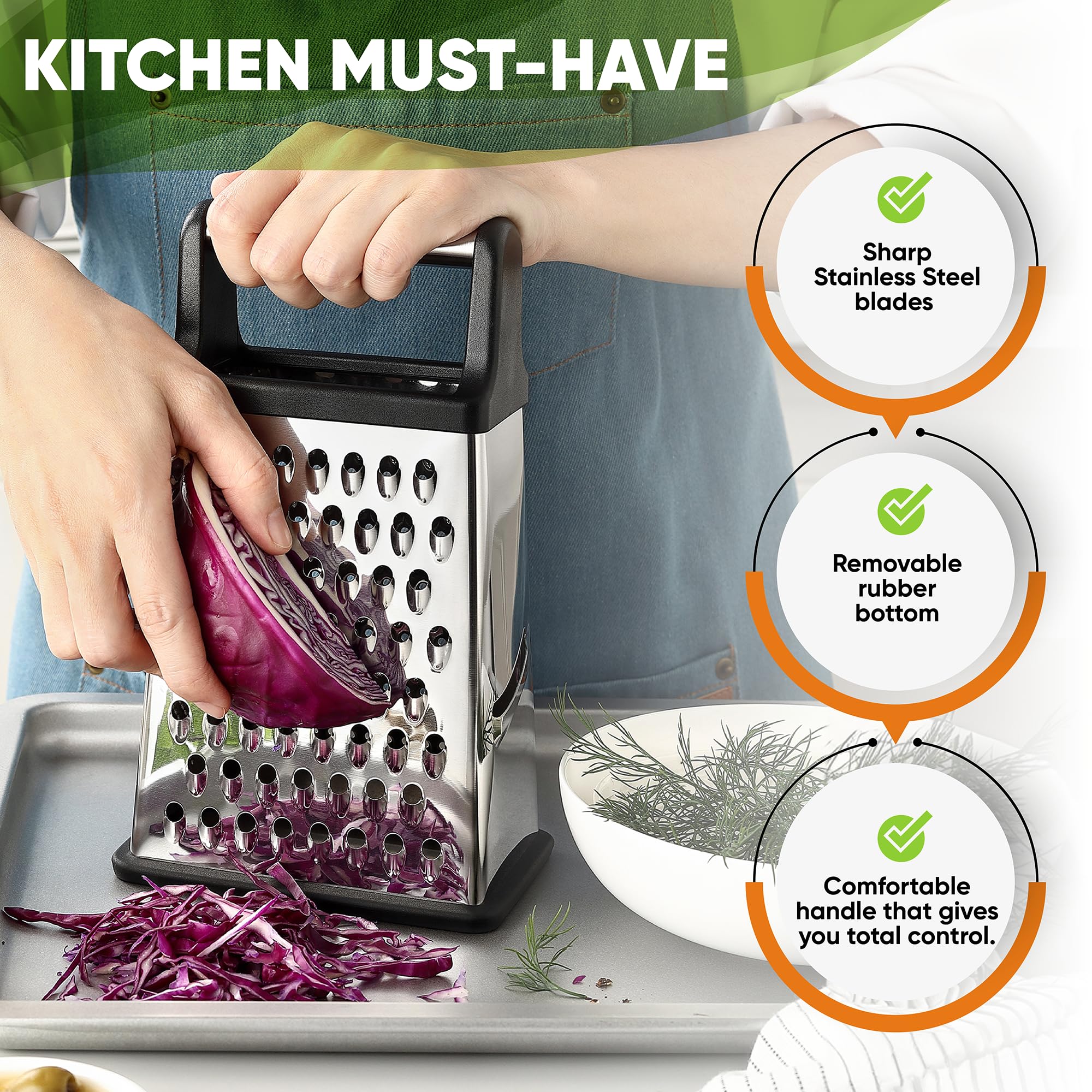 Professional Box Grater, Stainless Steel with 4 Sides, Best for Parmesan Cheese, Vegetables, Ginger, XL Size, Black