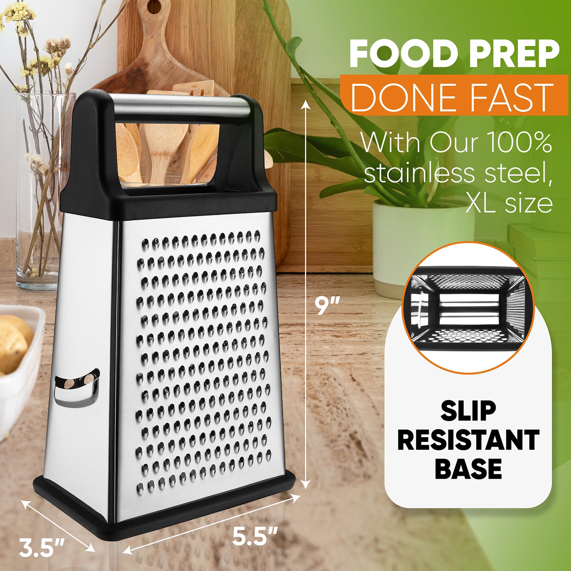 Professional Box Grater, Stainless Steel with 4 Sides, Best for Parmesan Cheese, Vegetables, Ginger, XL Size, Black