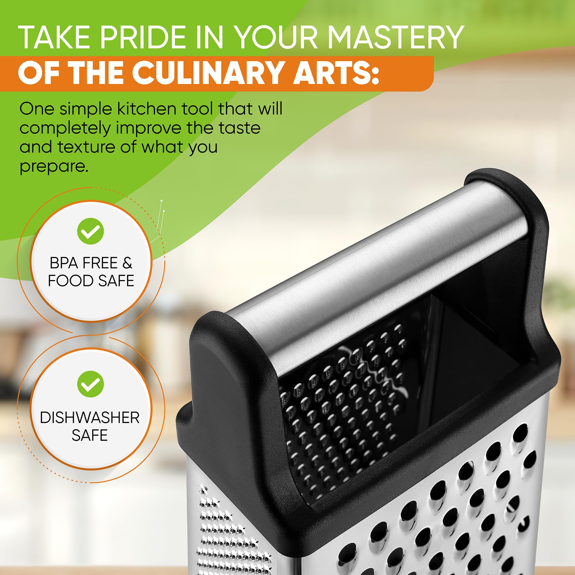 Professional Box Grater, Stainless Steel with 4 Sides, Best for Parmesan Cheese, Vegetables, Ginger, XL Size, Black