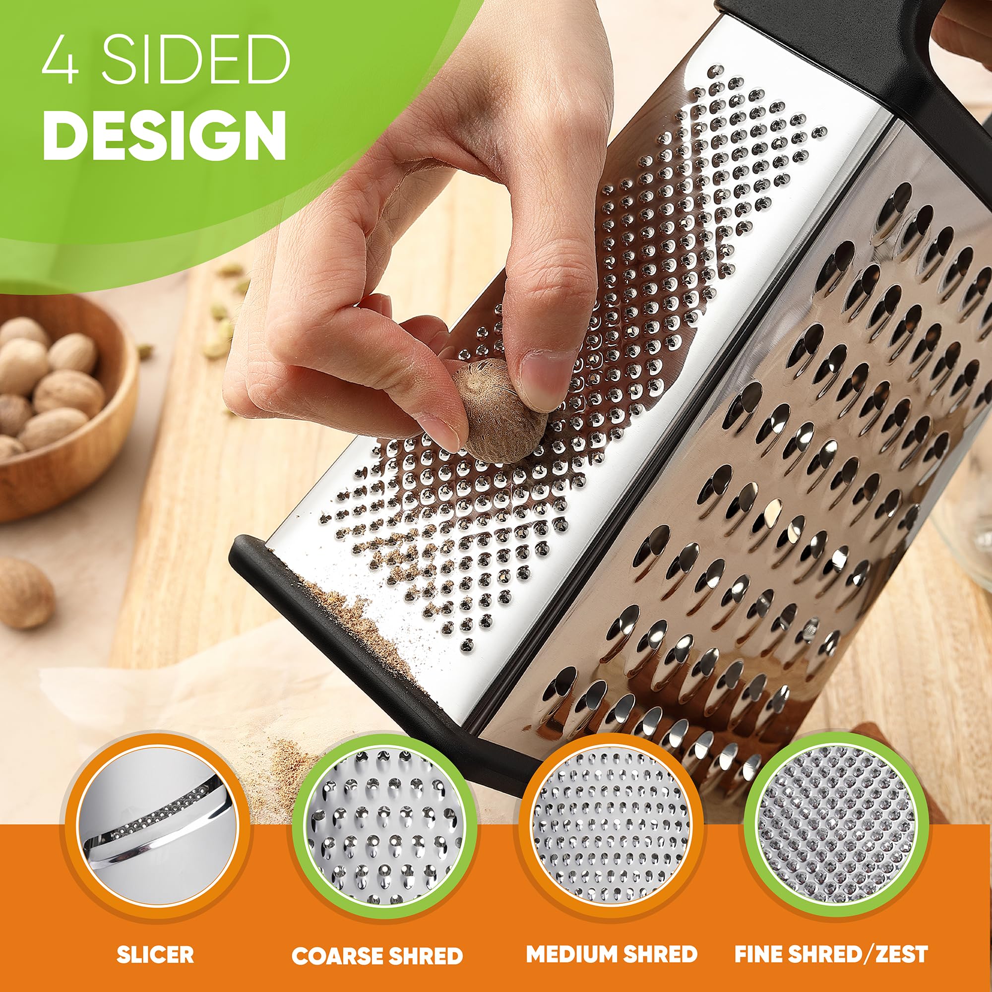 Professional Box Grater, Stainless Steel with 4 Sides, Best for Parmesan Cheese, Vegetables, Ginger, XL Size, Black
