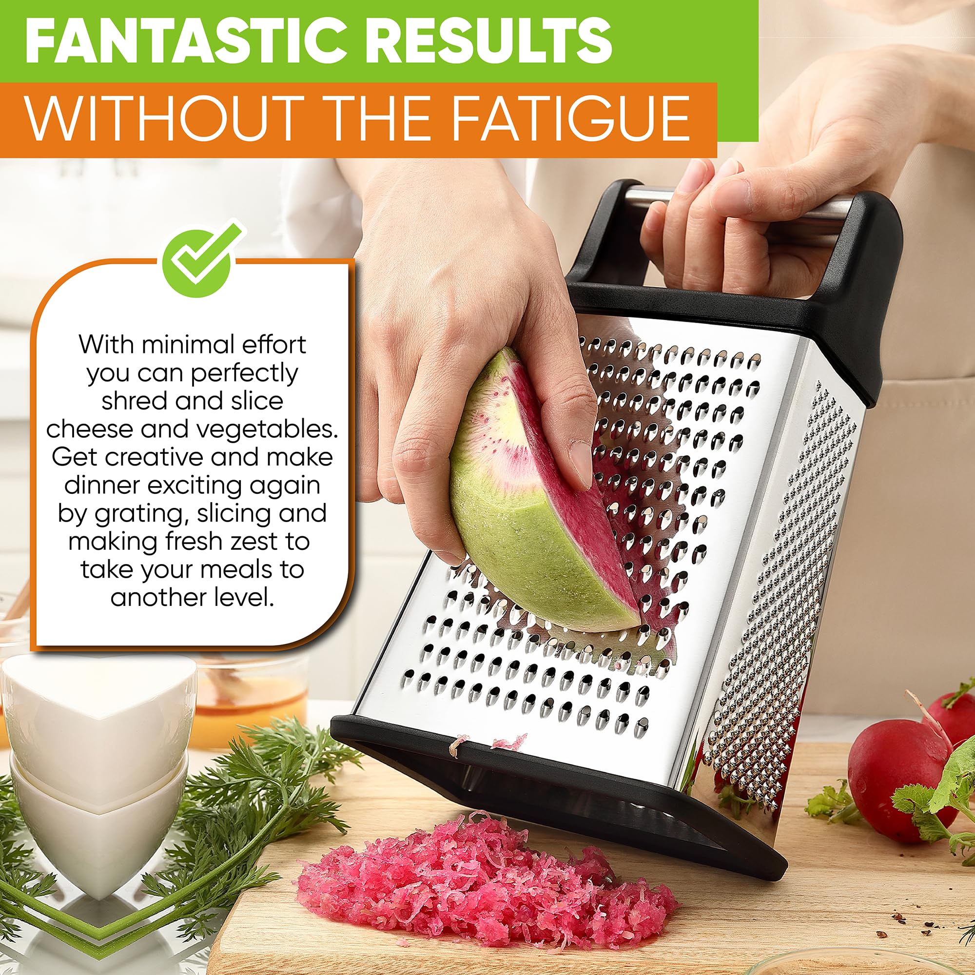 Professional Box Grater, Stainless Steel with 4 Sides, Best for Parmesan Cheese, Vegetables, Ginger, XL Size, Black