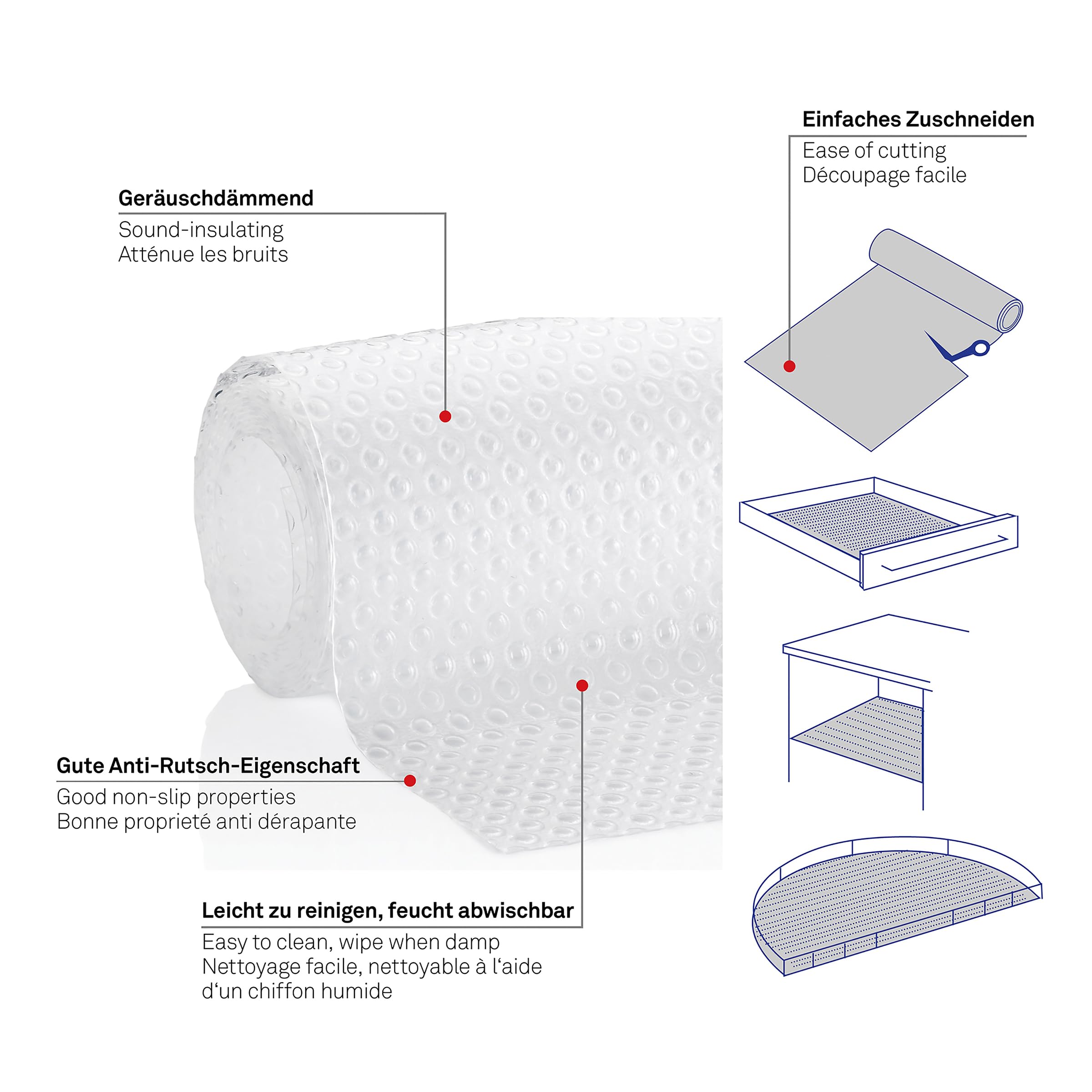 Kela Drawer Liners for Drawers, Shelves, or Cabinets, Transparent Plastic, Cut to Size, 59 in. x 19.7 in, Set of 4, Reduces Slips, Protects Againsts Scratches