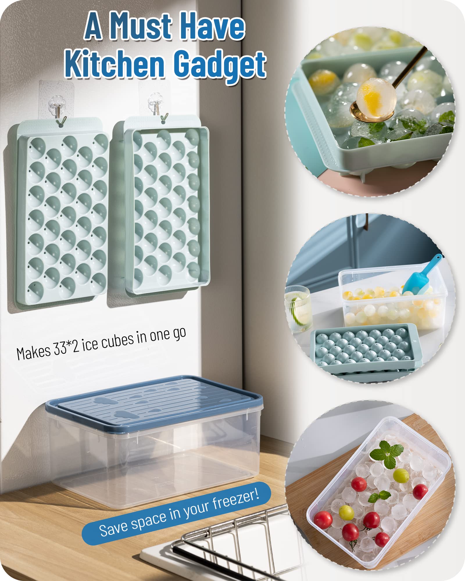 BEGIALO Ice Cube Tray, Round Ice Trays for Freezer with Lid and Bin, Circle Ice Mold Making 66 x 1.0IN Small Ice Balls,Sphere Ice Makers (New Blue)