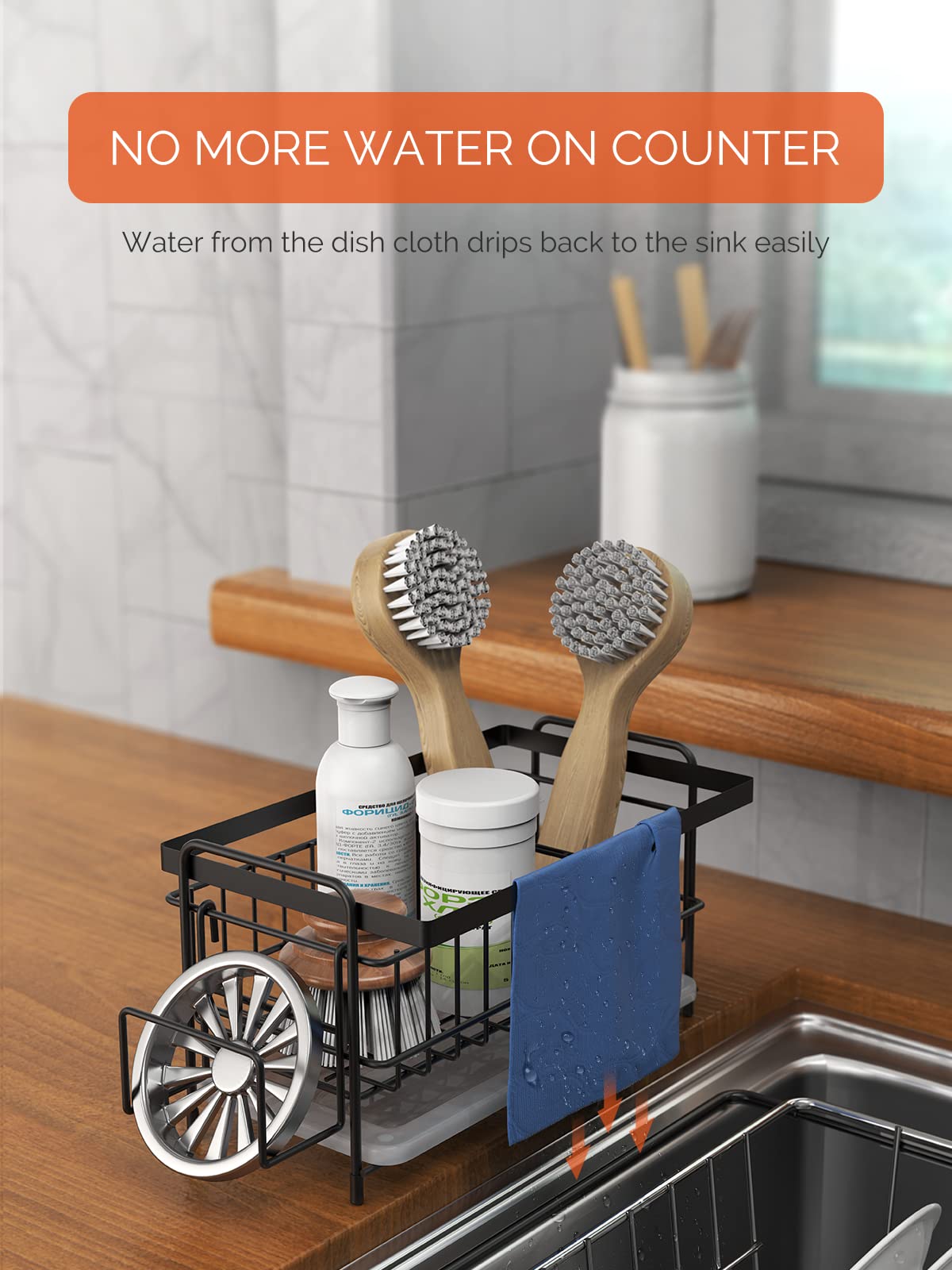 FixOwl Sink Caddy Kitchen Sink Organizer Sponge Holder for Kitchen Sink Non-Slip Countertop Organizer SUS304 with Removable Tray, Black