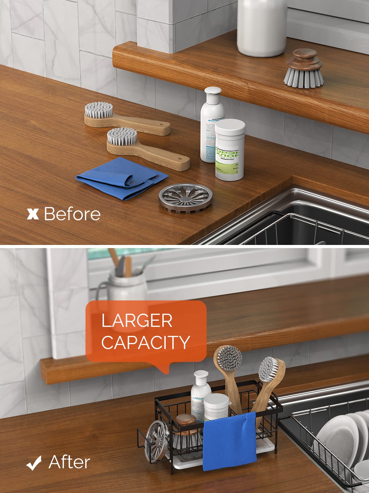 FixOwl Sink Caddy Kitchen Sink Organizer Sponge Holder for Kitchen Sink Non-Slip Countertop Organizer SUS304 with Removable Tray, Black