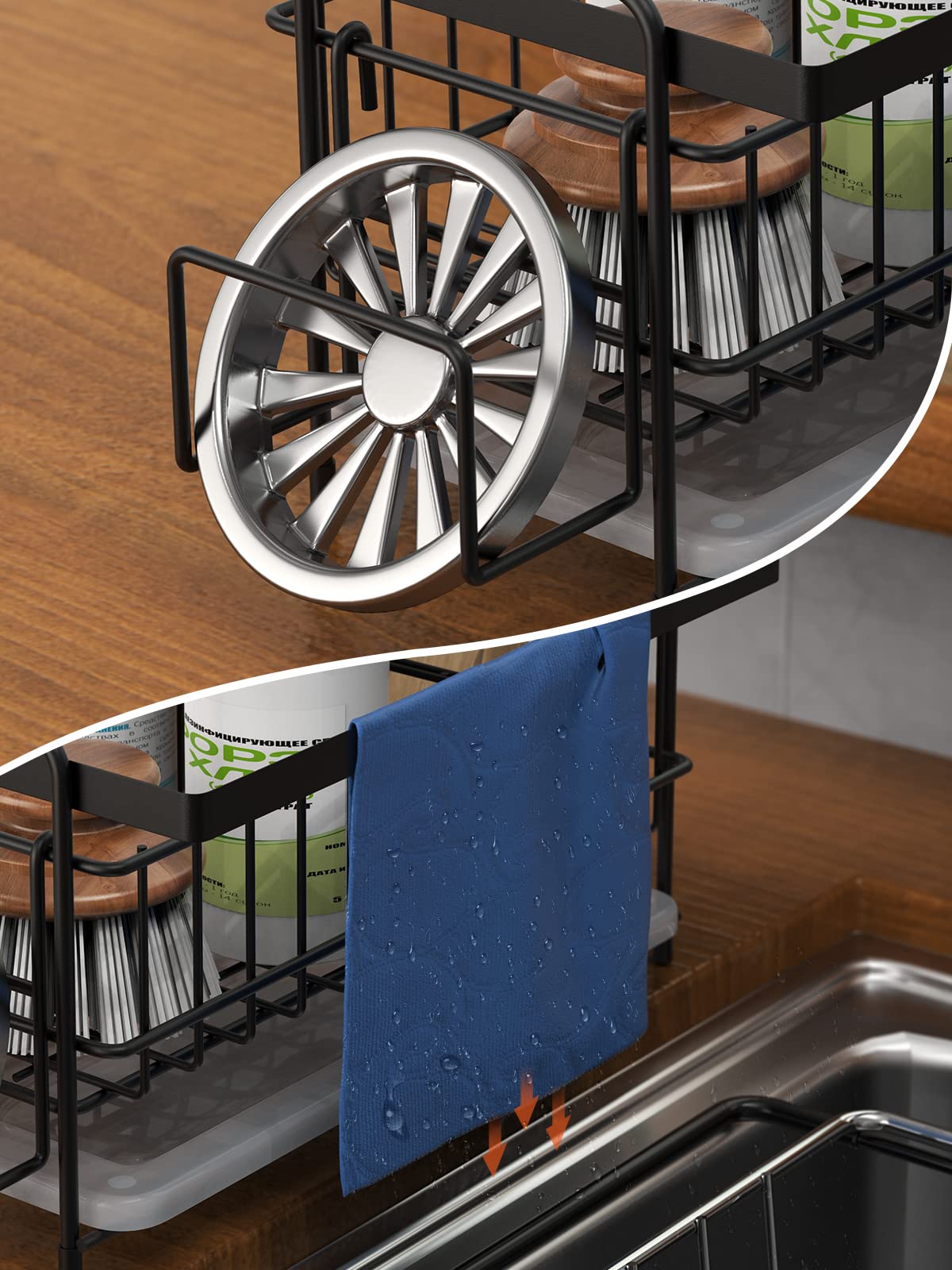 FixOwl Sink Caddy Kitchen Sink Organizer Sponge Holder for Kitchen Sink Non-Slip Countertop Organizer SUS304 with Removable Tray, Black