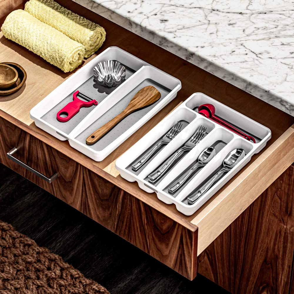 madesmart Mini Silverware Tray, White & Classic Mini Utensil Tray, Soft Grip, Non-Slip Kitchen Drawer Organizer, 2 Compartments, Multi-Purpose Home Organization, BPA Free, White
