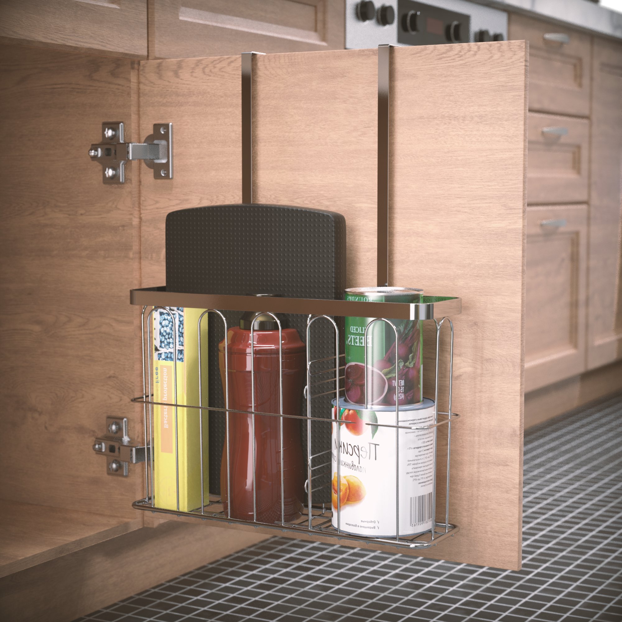 ULFR Over The Cabinet Door Kitchen Storage Organizer Basket, Space Saving Drawer Grid Holder for Cleaning Supplies, Bottles, Board, Chrome Finish with an Easy to Install Divider